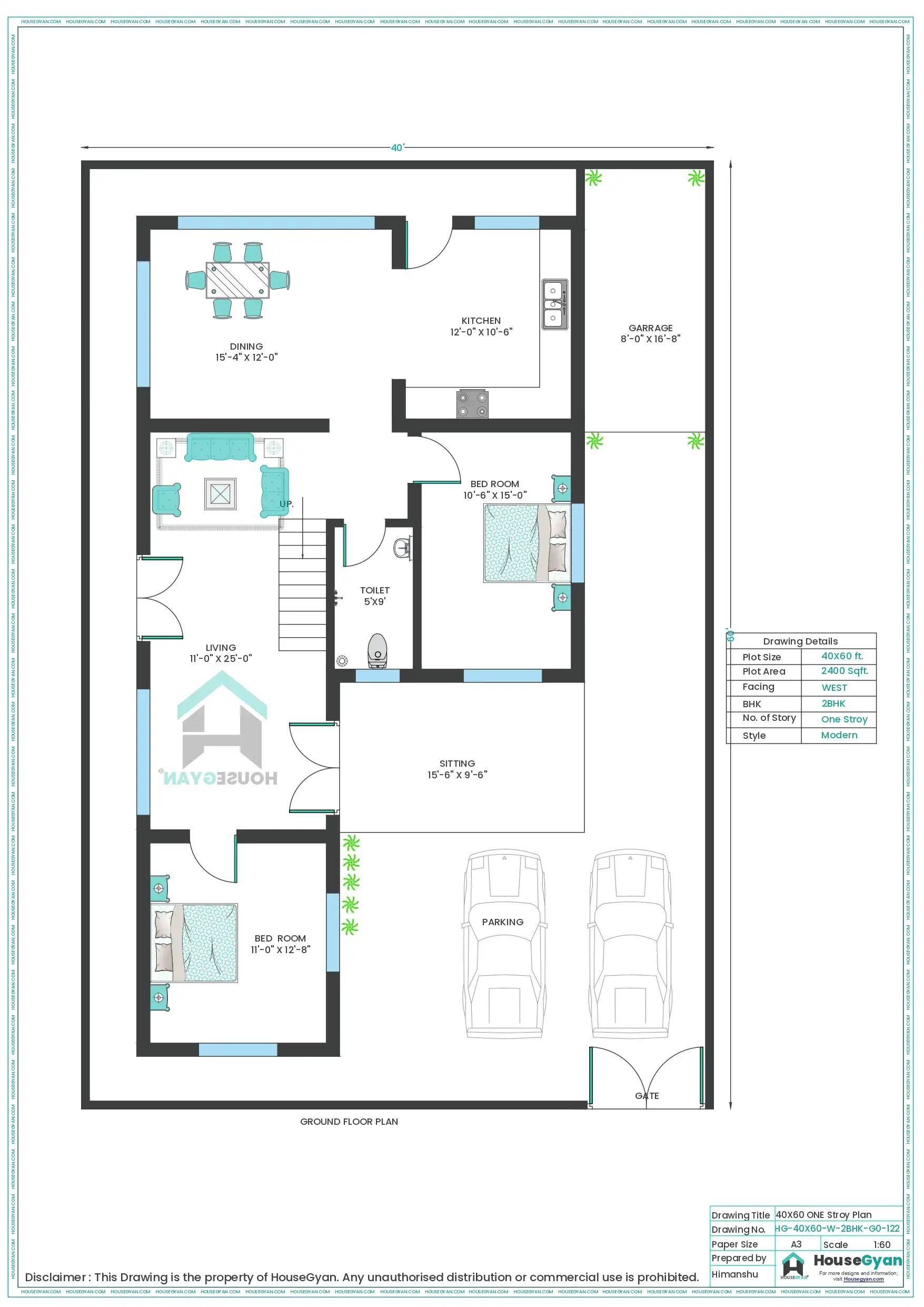 40X60 West Facing 2BHK Ground Floor House Plan | 2400 Sqft Plot Floor Plan