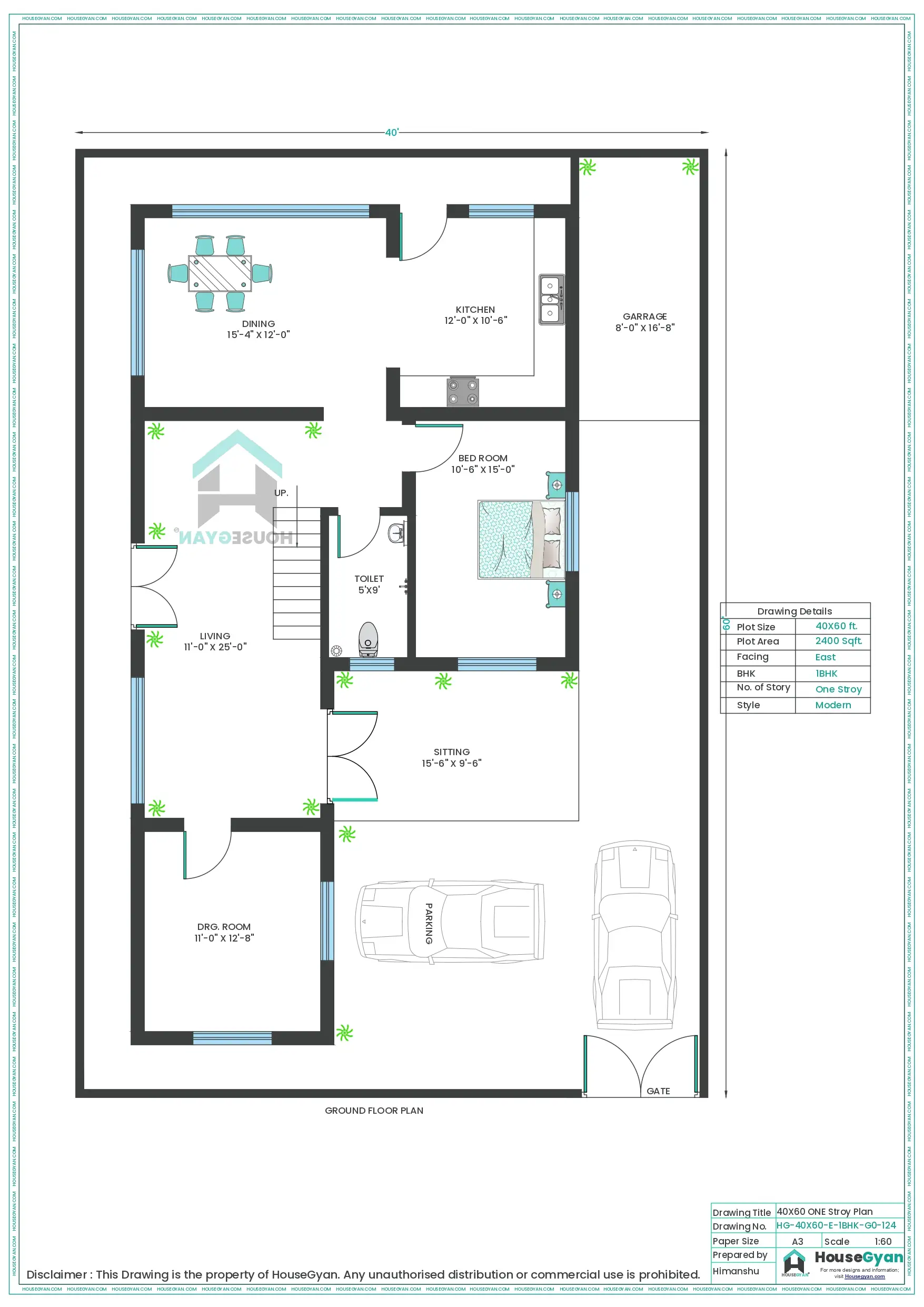 40X60 East Facing 1BHK Ground Floor House Plan | 2400 Sqft Plot Floor Plan