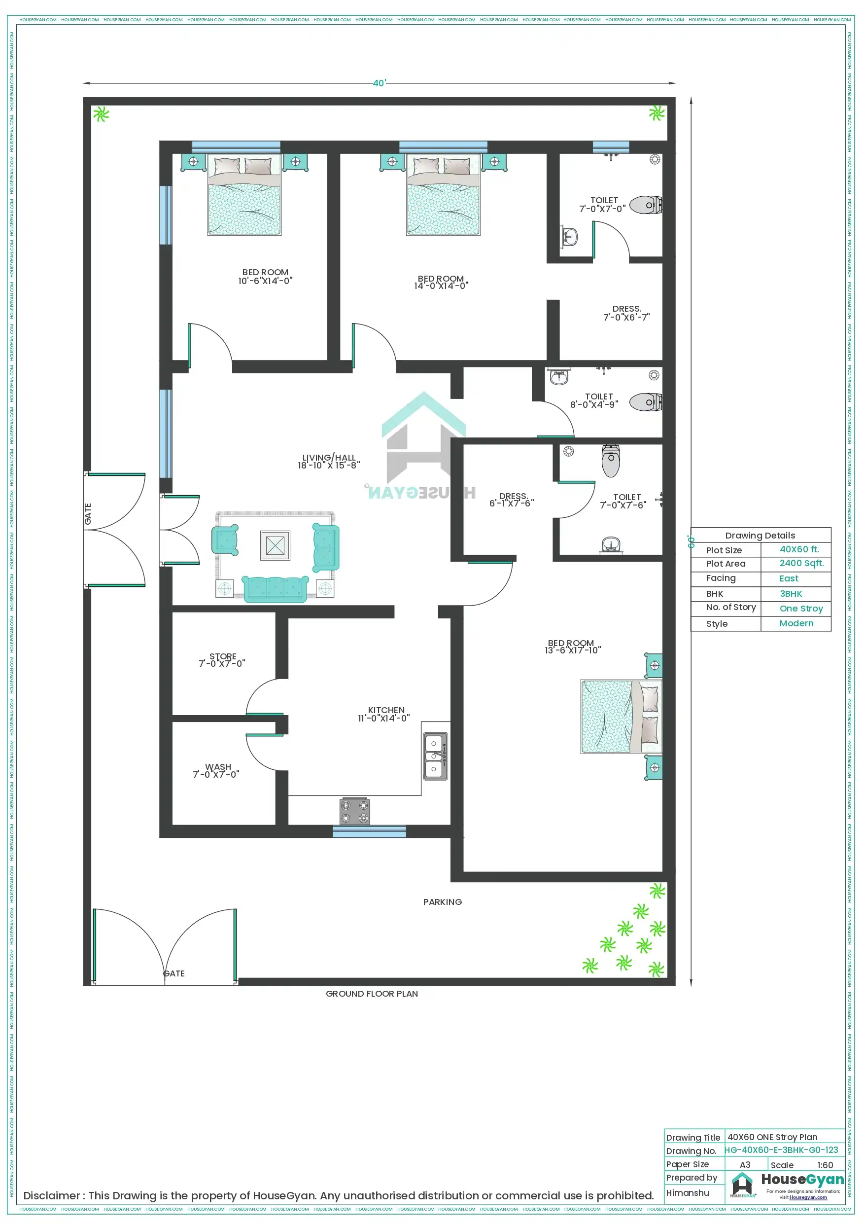 40X60 East Facing 3BHK Ground Floor House Plan | 2400 Sqft Plot Floor Plan