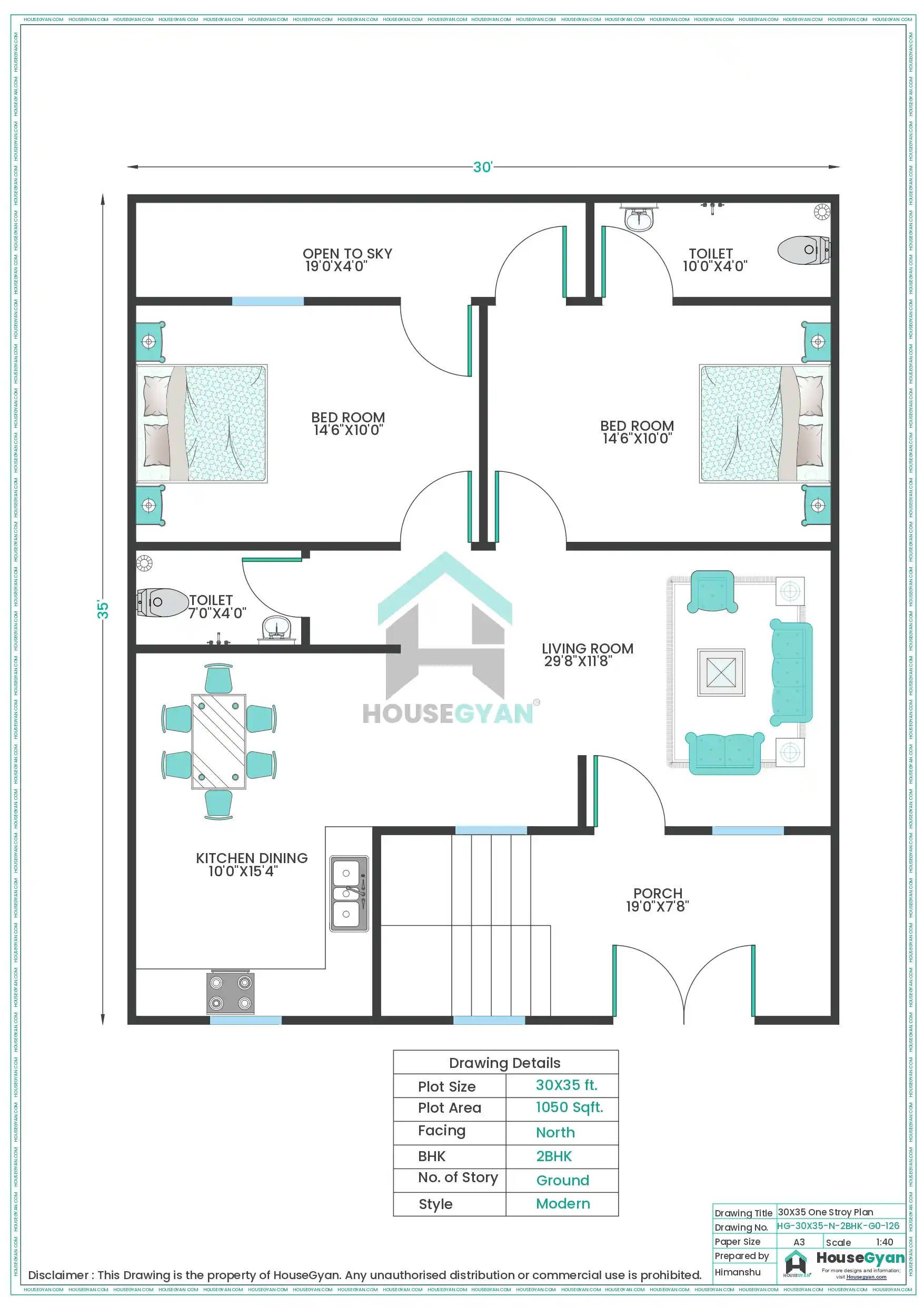 30X35 North Facing 2BHK Ground Floor House Plan | 1050 Sqft Plot Floor Plan