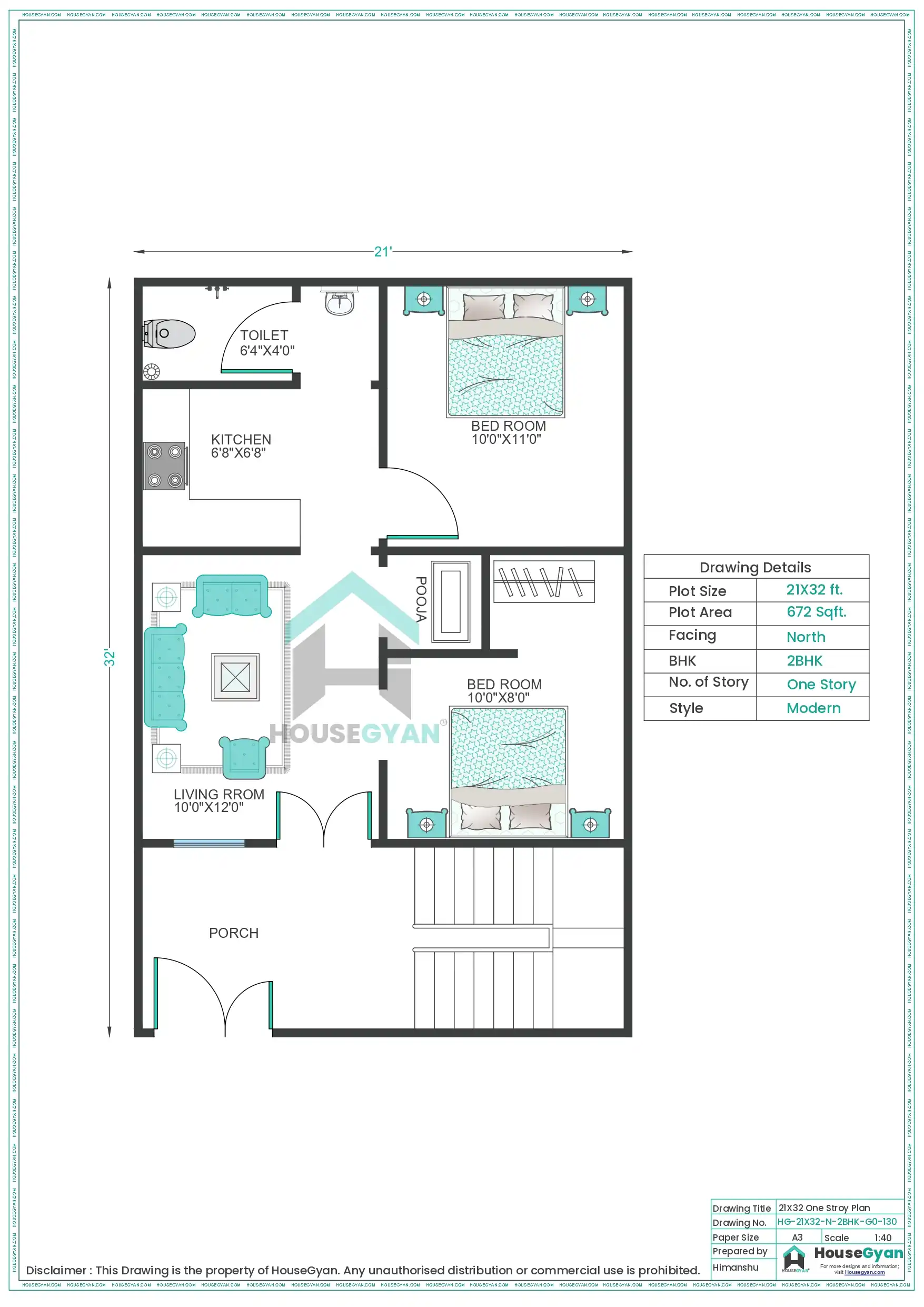 21X32 North Facing 2BHK Ground Floor House Plan | 672 Sqft Plot Floor Plan