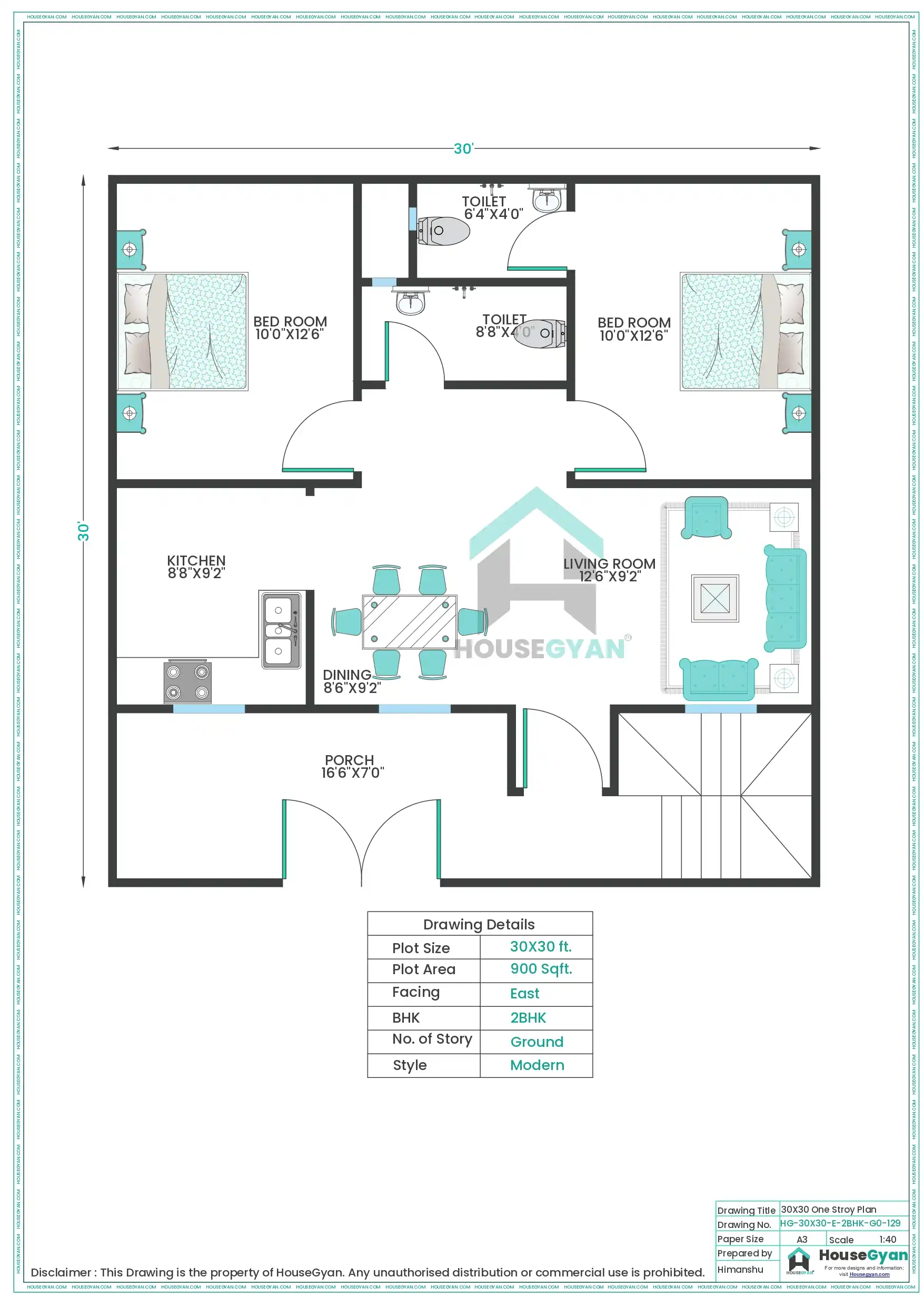 30X30 East Facing 2BHK Ground Floor House Plan | 900 Sqft Plot Floor Plan