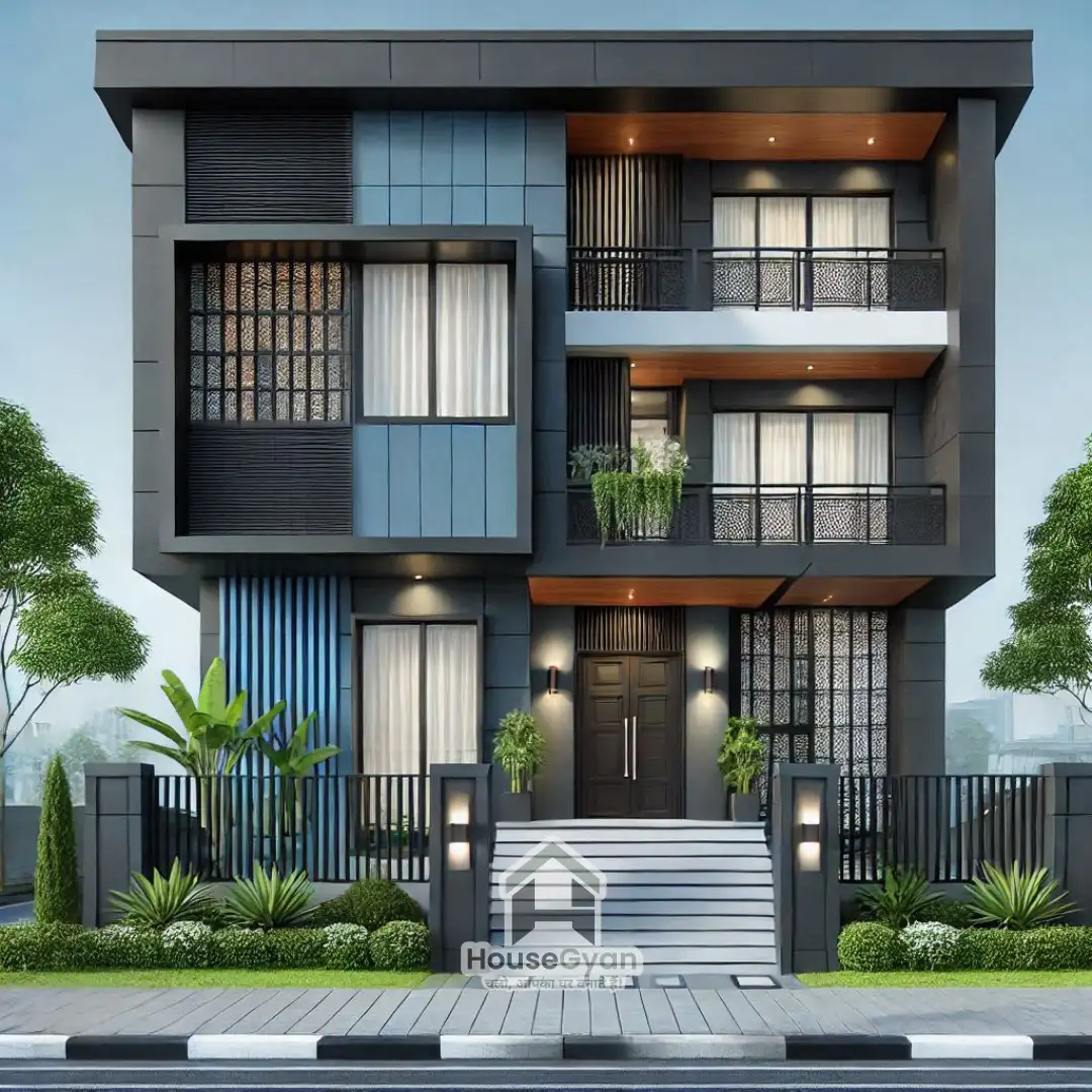 Triple Storey 3D Front House Elevation Design