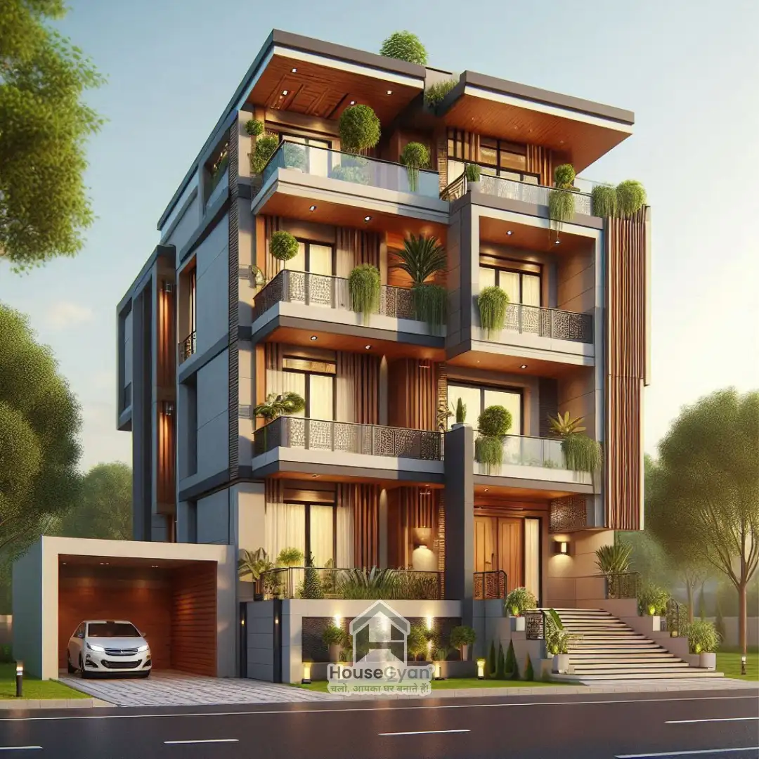 32X50 Four Storey 3D Front House Elevation Design