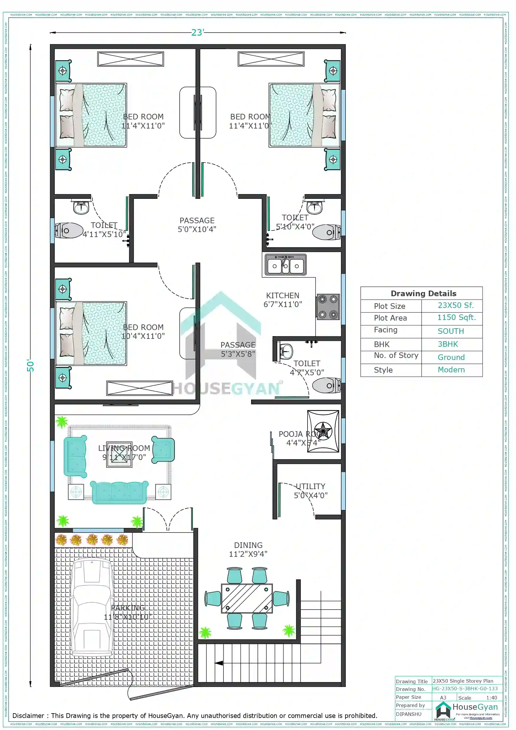 23X50 South Facing 3BHK Ground Floor House Plan | 1150 Sqft Plot Floor Plan