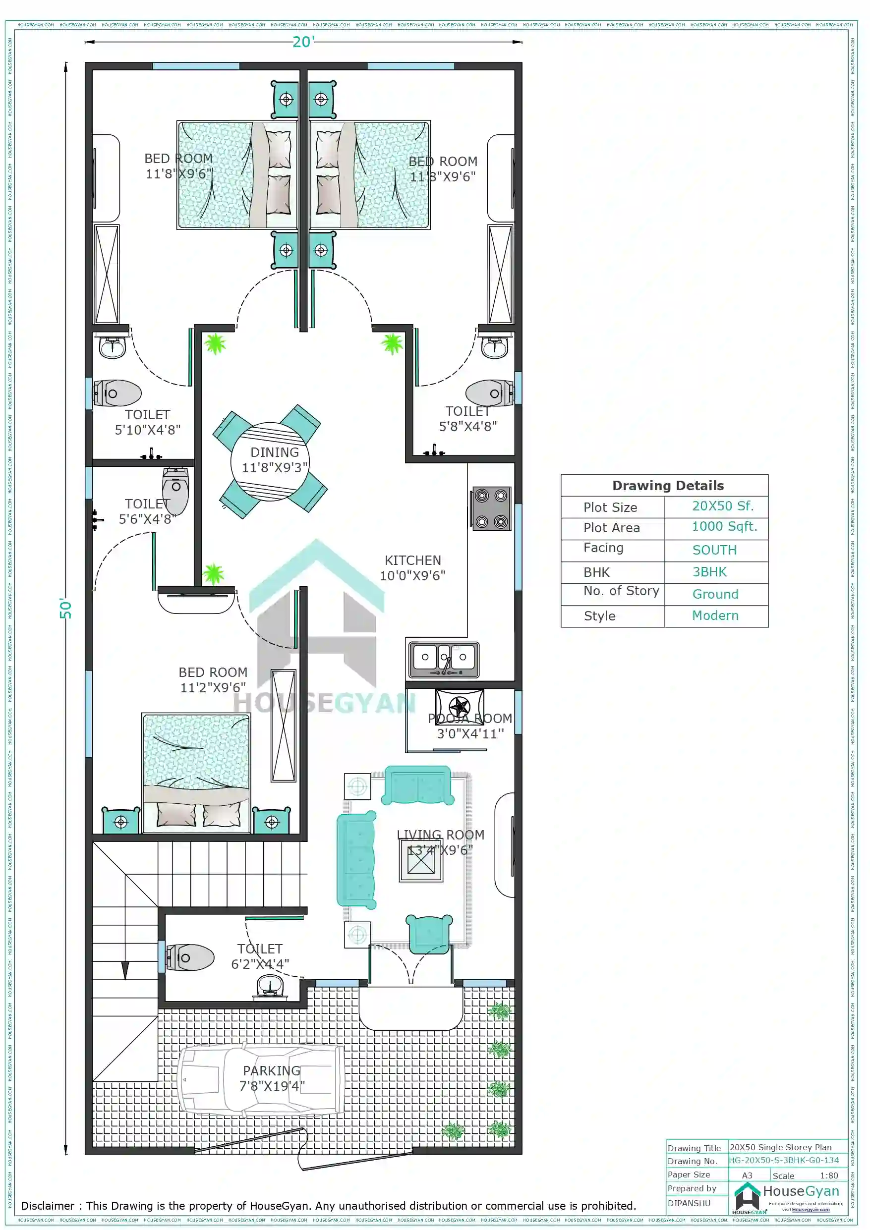 20X50 South Facing 3BHK Ground Floor House Plan | 1000 Sqft Plot Floor Plan