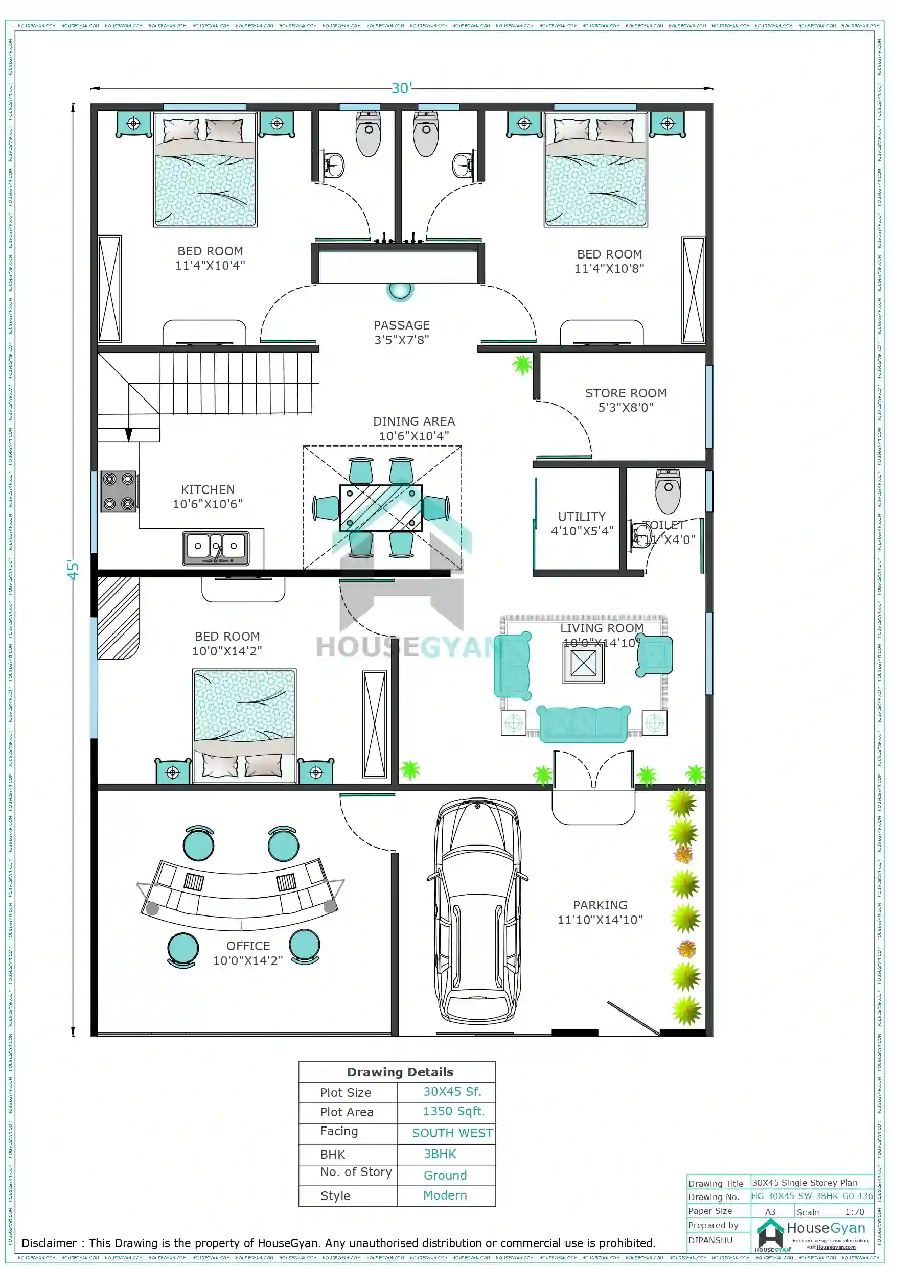 30X45 South West Facing 3BHK Ground Floor House Plan | 1350 Sqft Plot ...