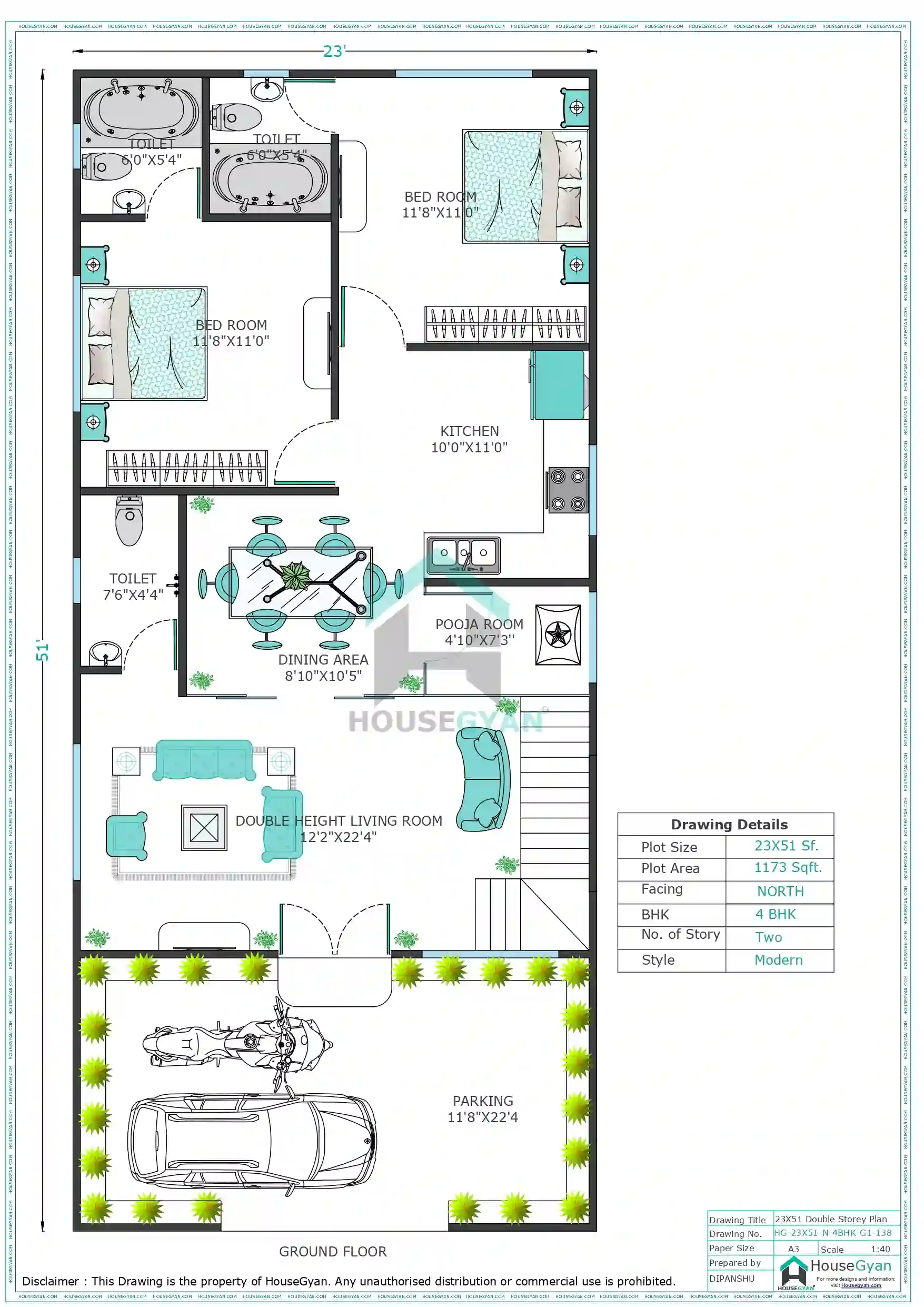 23X51 North Facing 4BHK First Floor House Plan | 1173 Sqft Plot Floor Plan