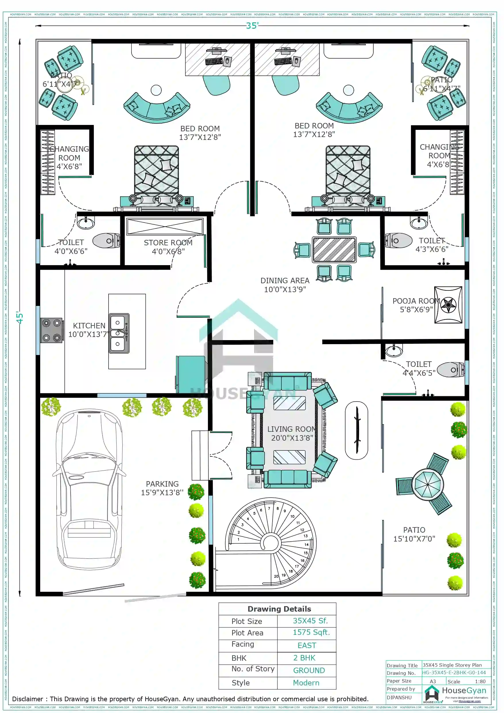 35X45 East Facing 2BHK Ground Floor House Plan | 1575 Sqft Plot Floor Plan
