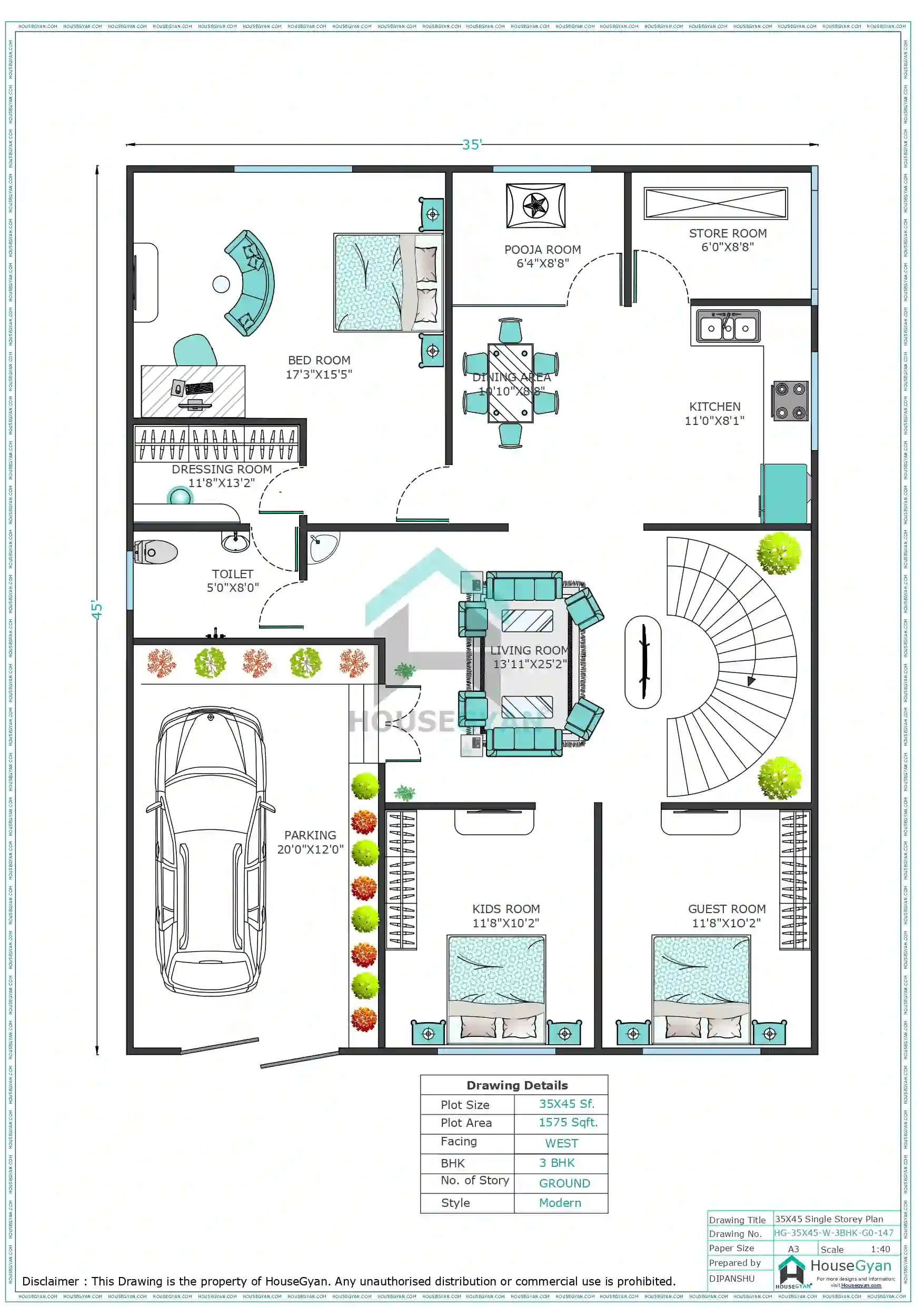 35X45 West Facing 3BHK Ground Floor House Plan | 1575 Sqft Plot Floor Plan