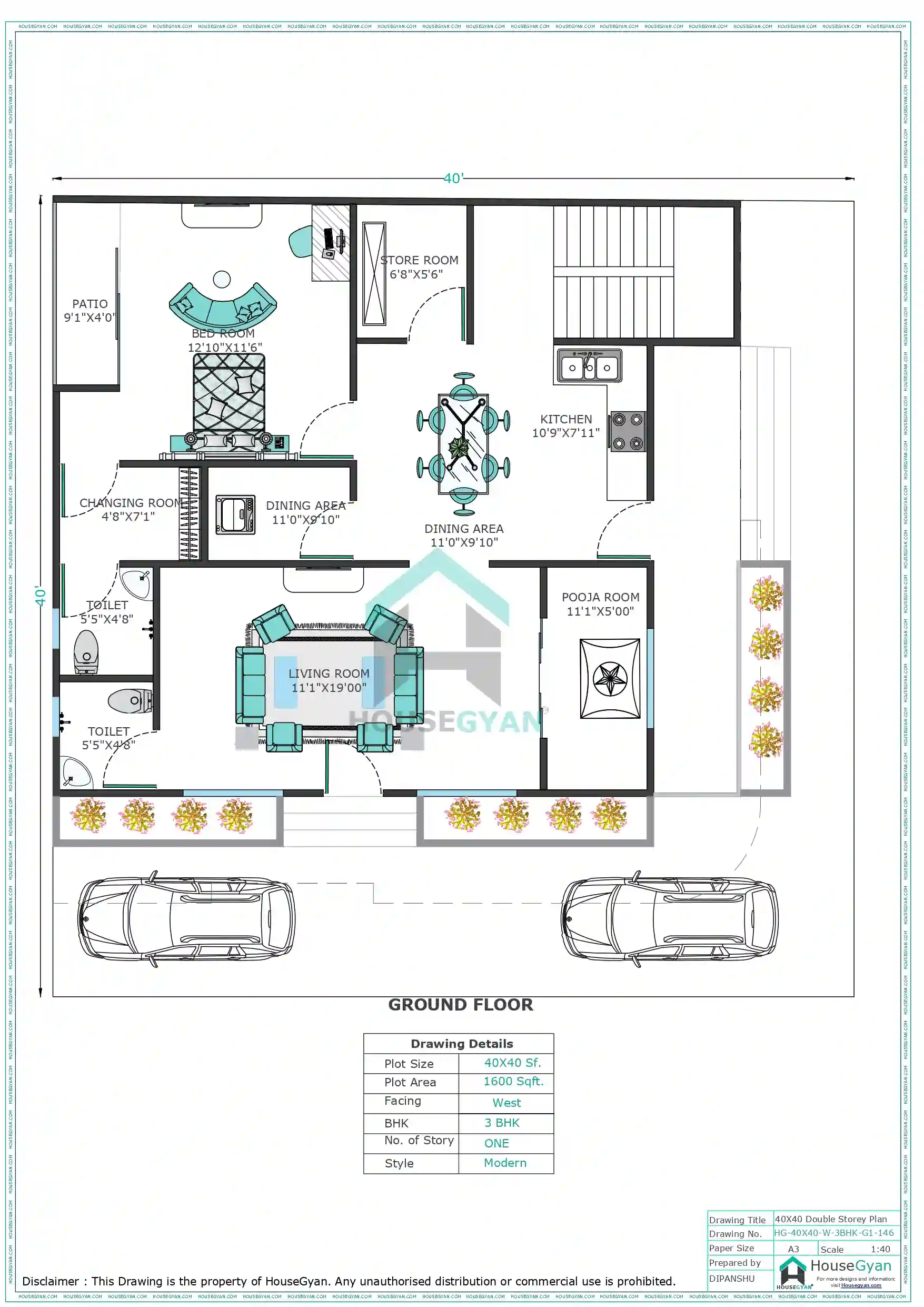 40X40 West Facing 3BHK First Floor House Plan | 1600 Sqft Plot Floor Plan