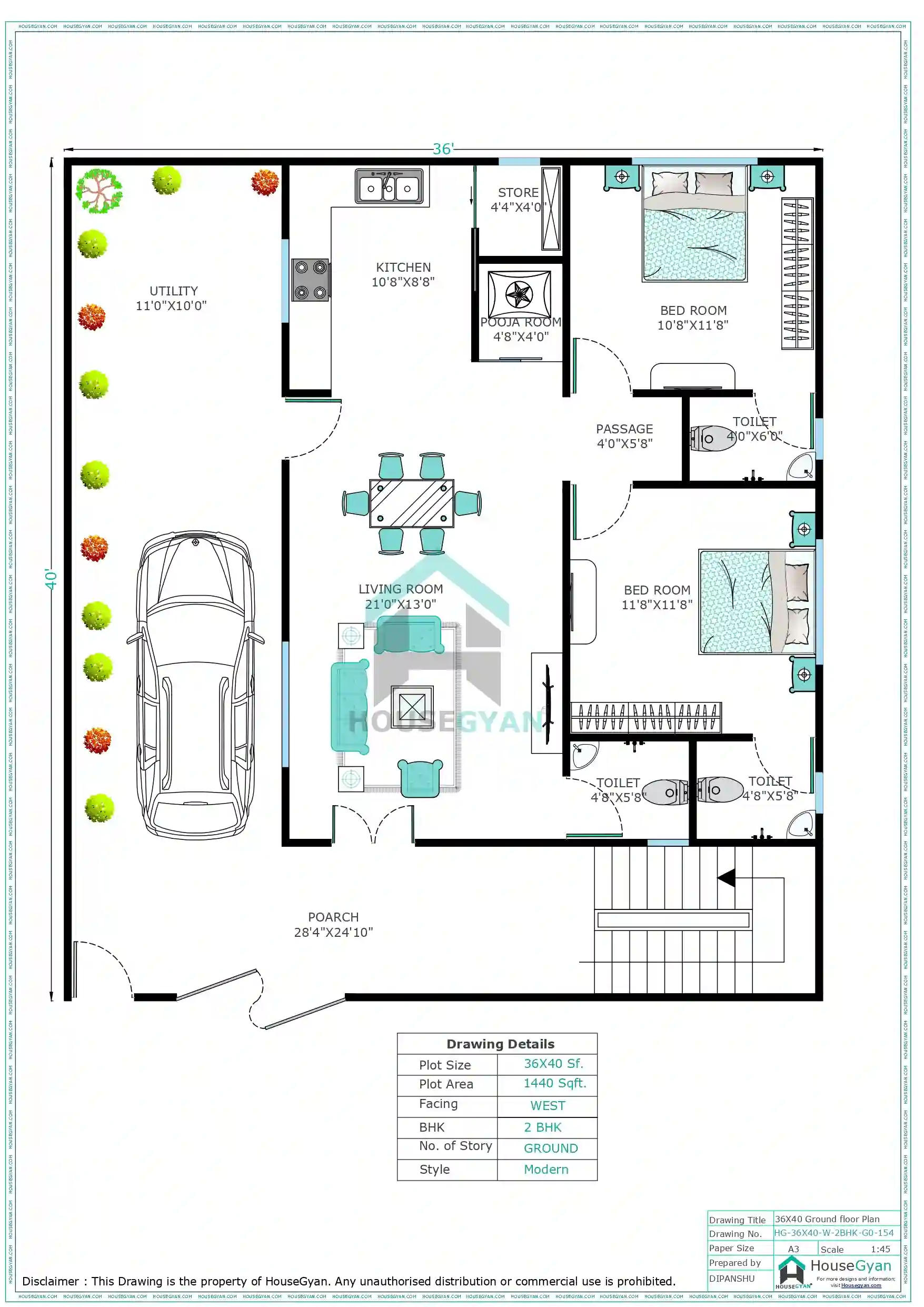 36X40 West Facing 2BHK Ground Floor House Plan | 1440 Sqft Plot Floor Plan