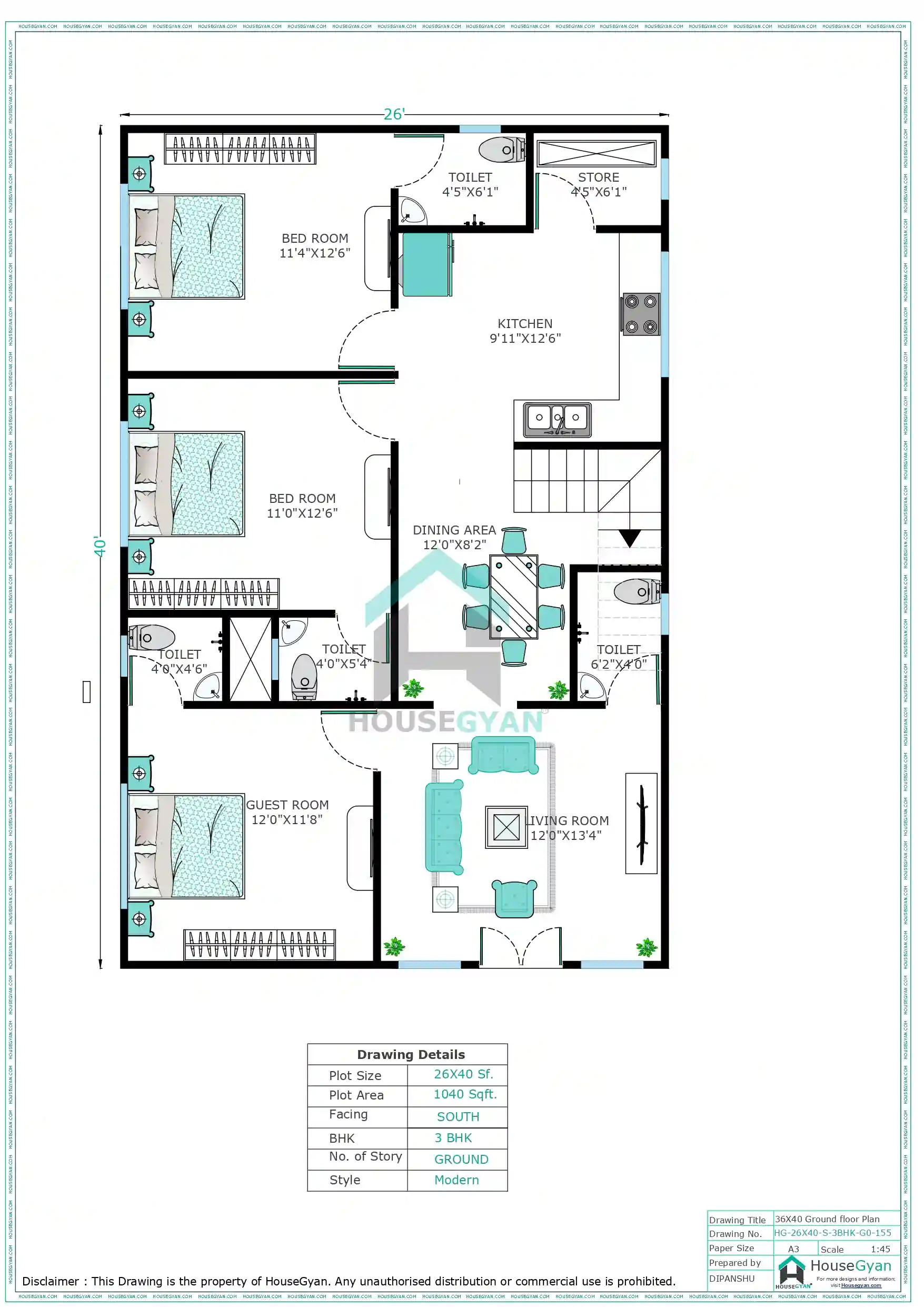26X40 South Facing 3BHK Ground Floor House Plan | 1040 Sqft Plot Floor Plan