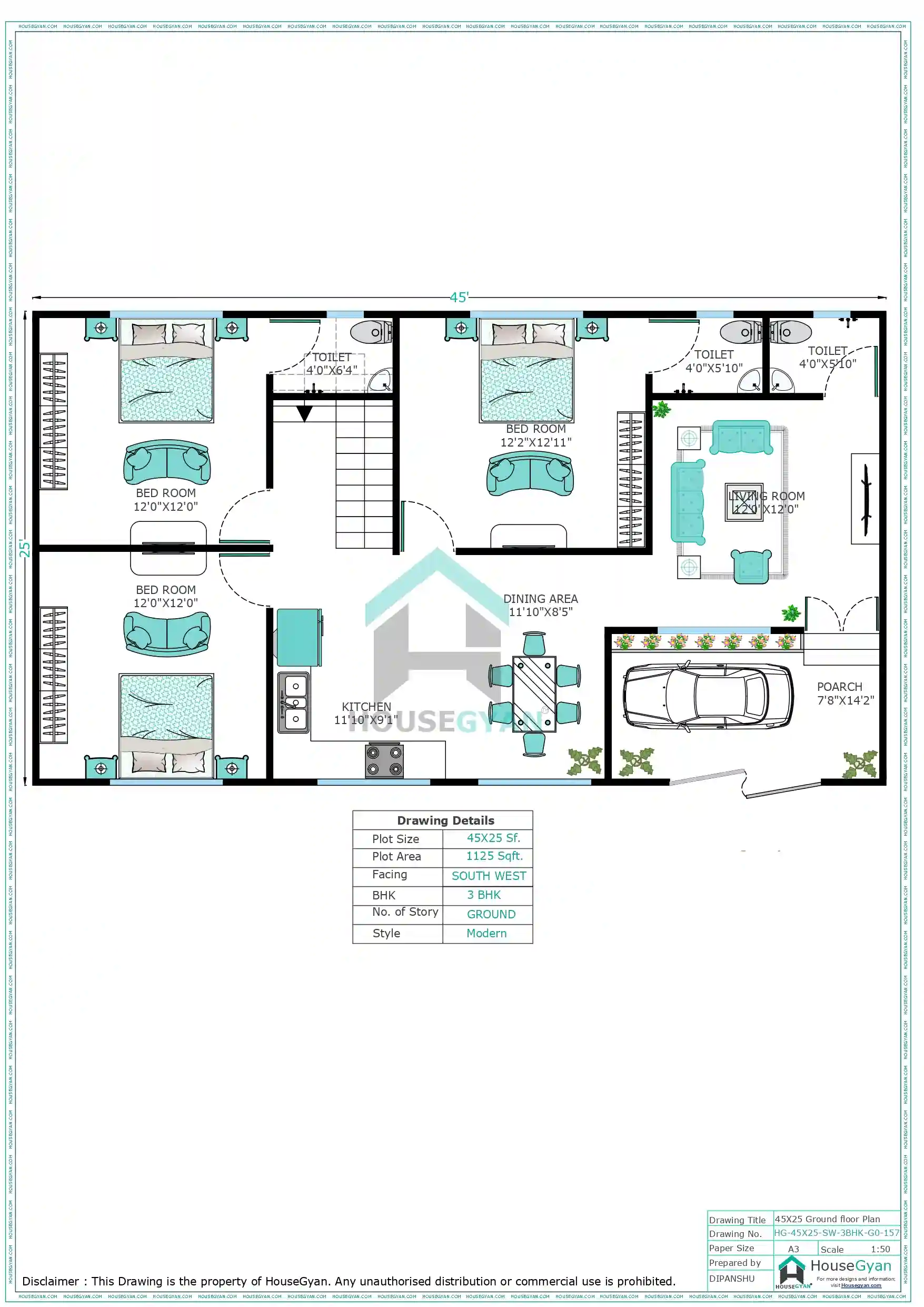 45X25 South West Facing 3BHK Ground Floor House Plan | 1125 Sqft Plot ...