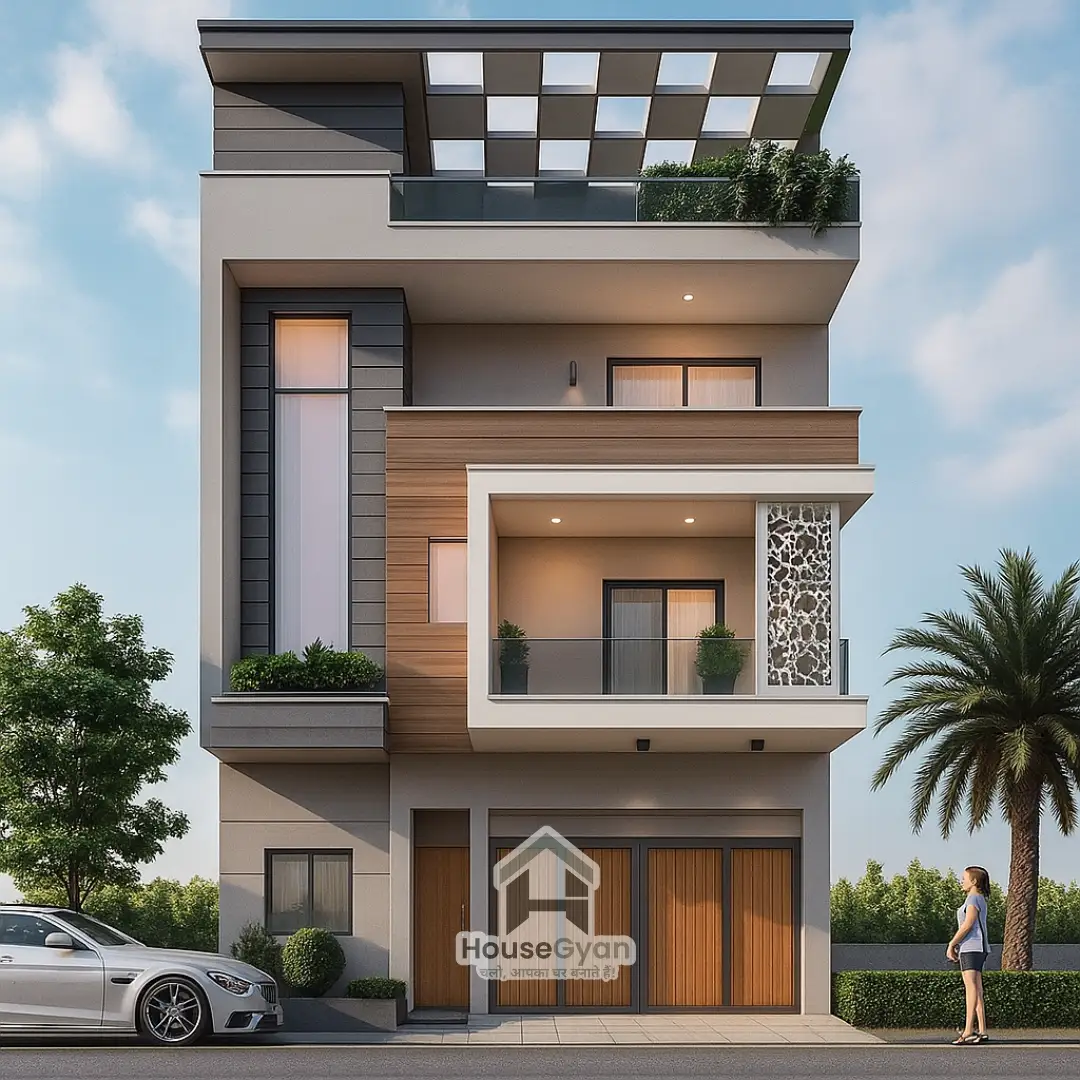 23X50 Triple Storey 3D Front House Elevation Design