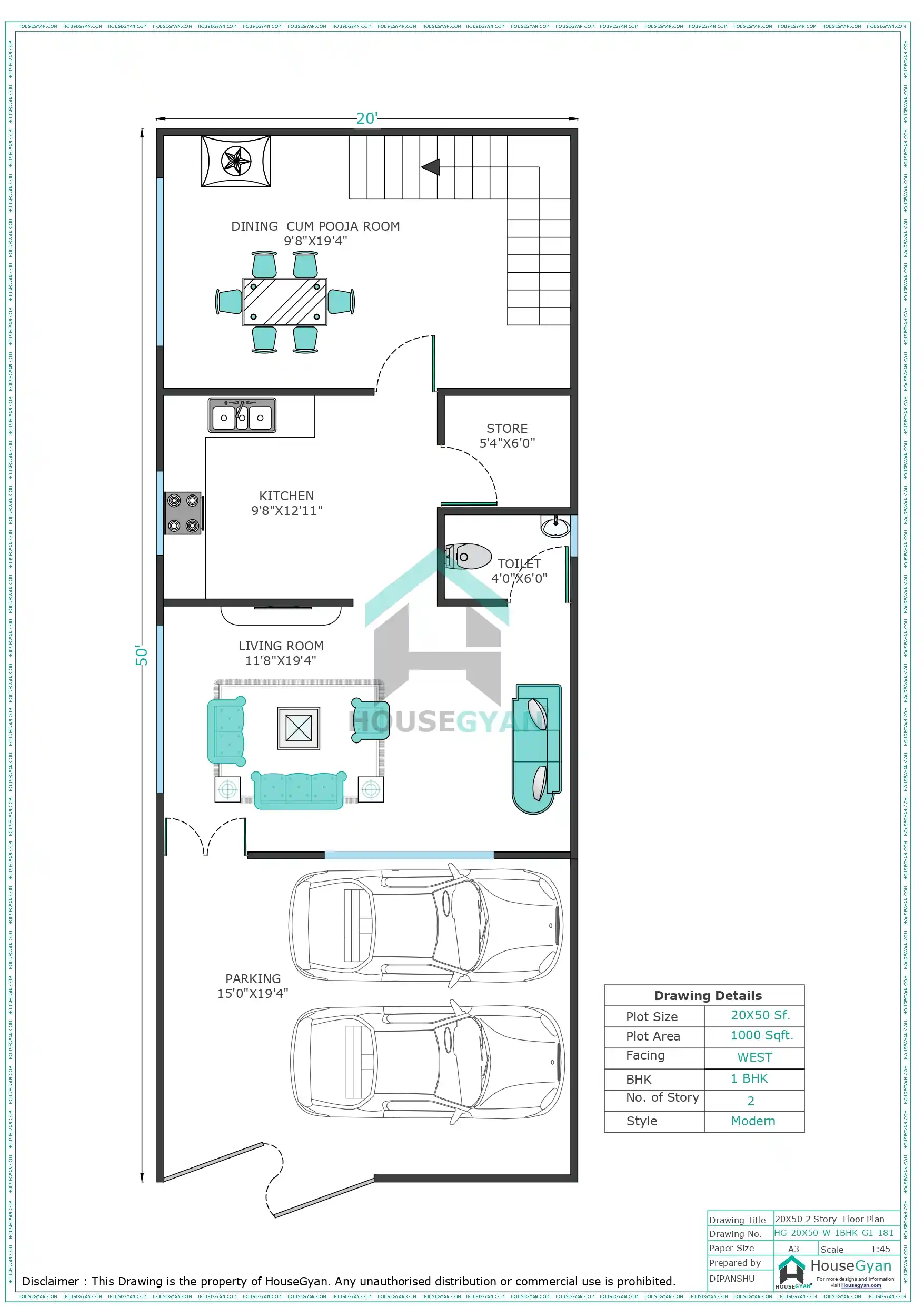 20X50 West Facing 1BHK First Floor House Plan | 1000 Sqft Plot Floor Plan