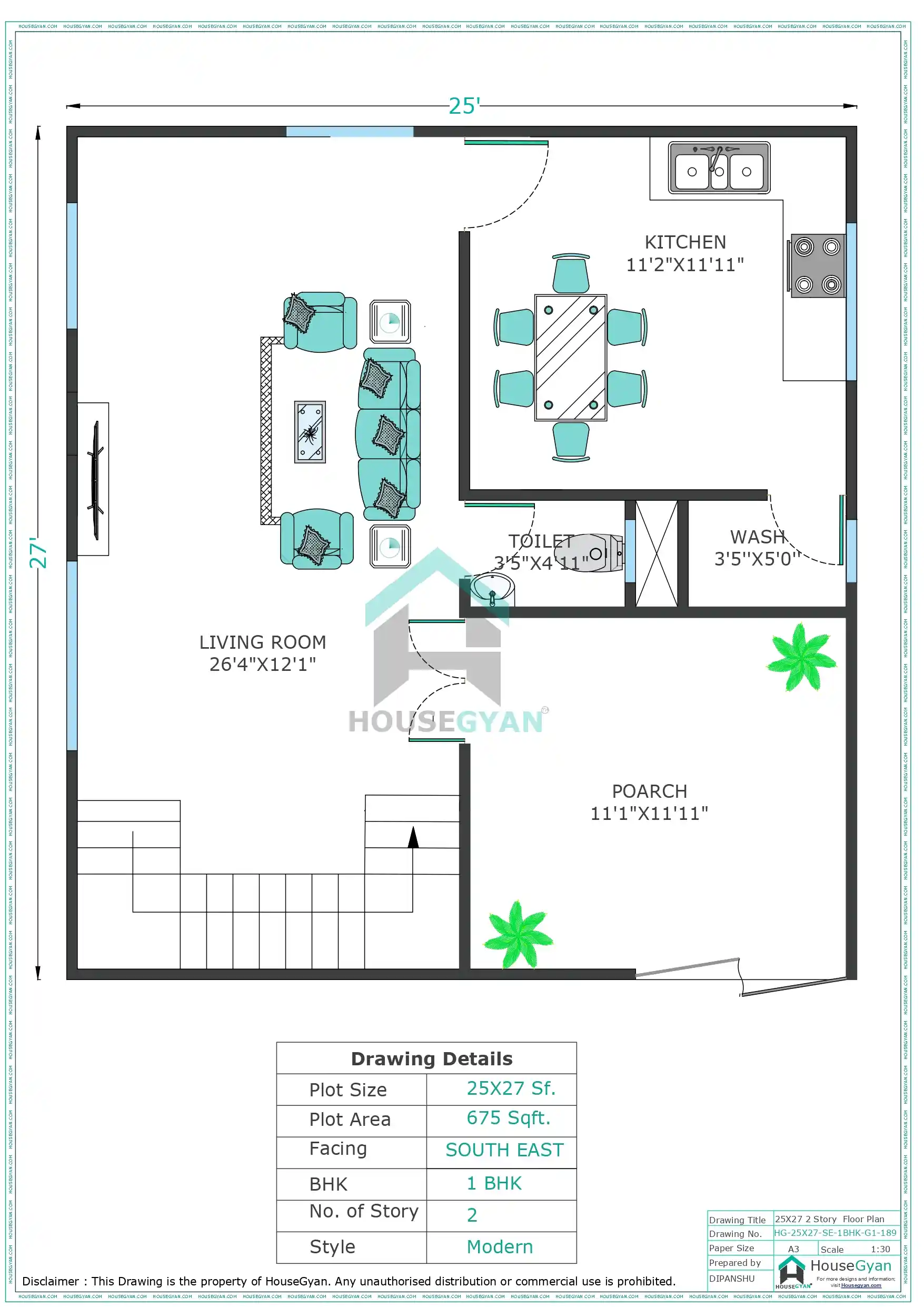 25X27 South East Facing 1BHK First Floor House Plan | 675 Sqft Plot ...