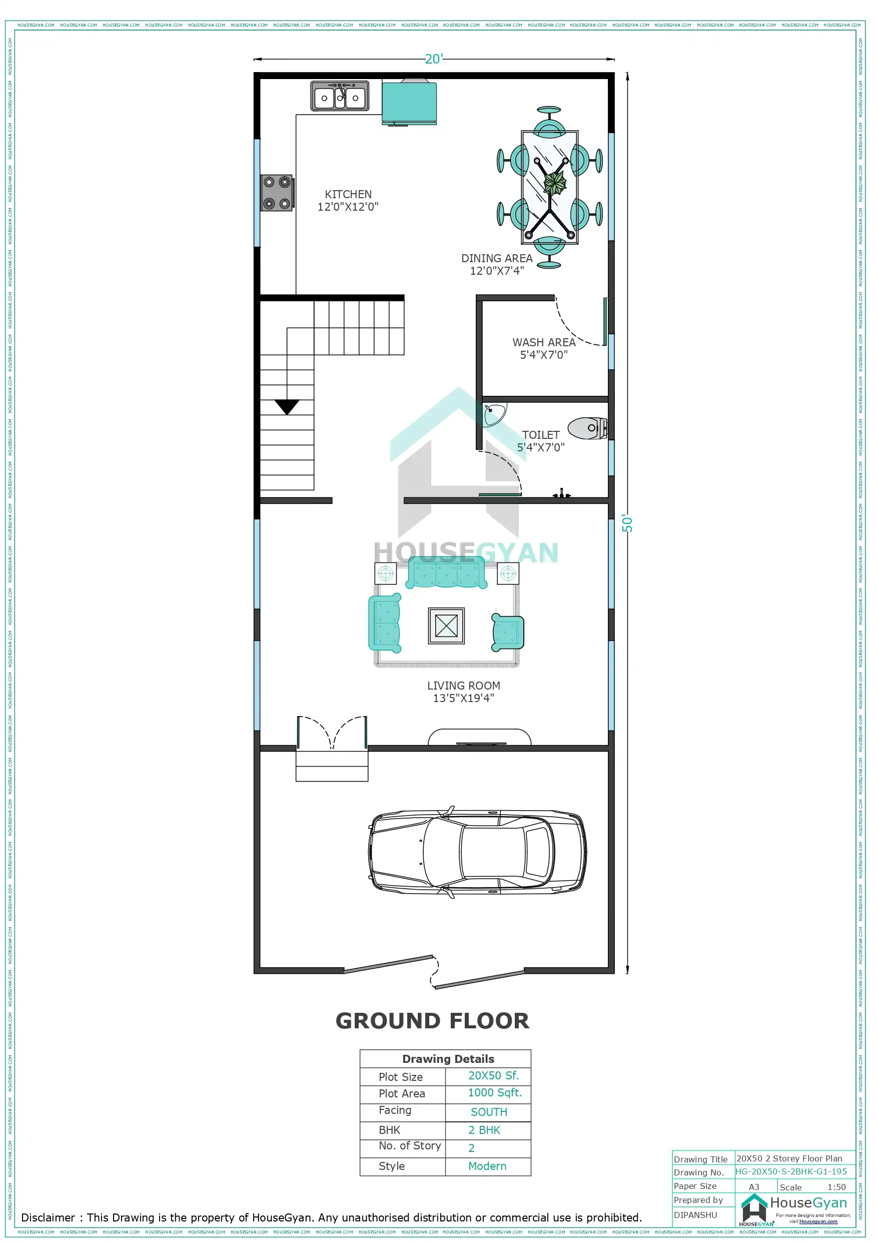 20X50 South Facing 2BHK First Floor House Plan | 1000 Sqft Plot Floor Plan
