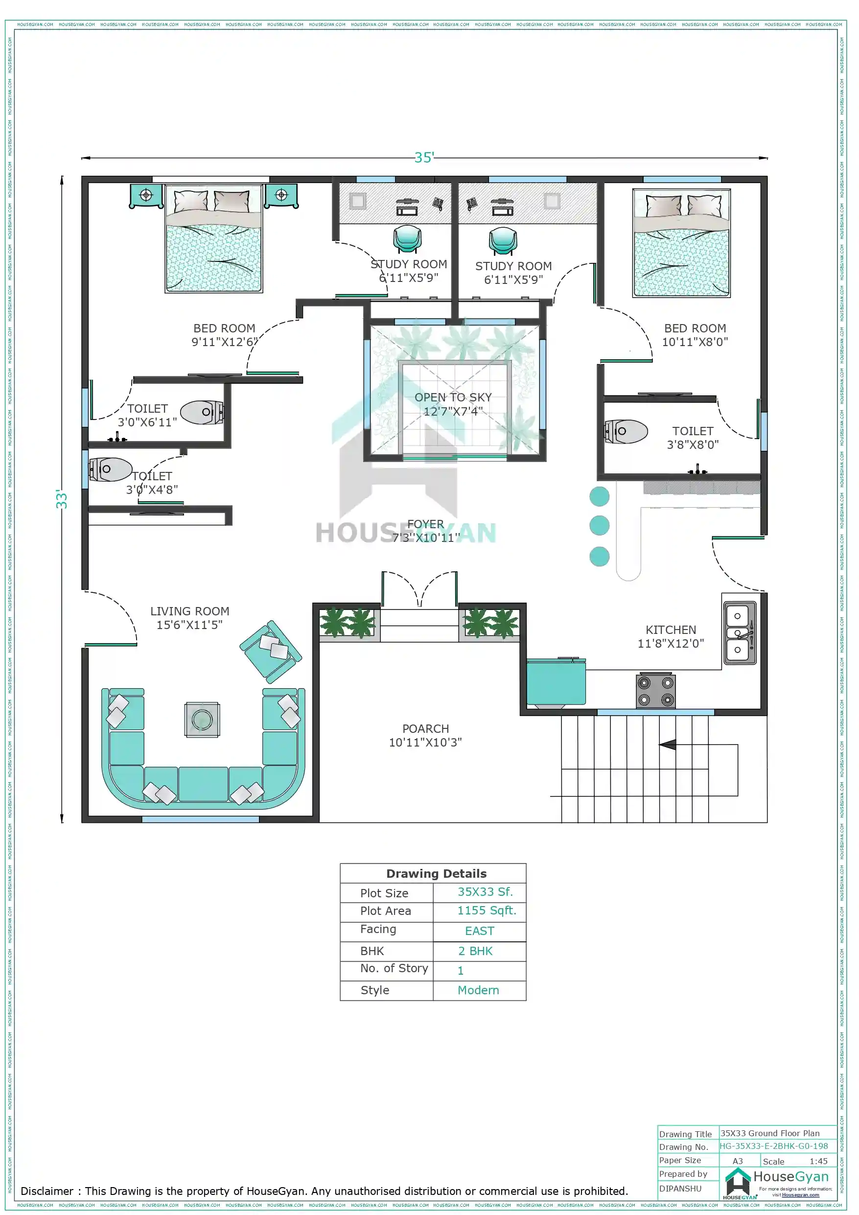 35X33 East Facing 2BHK Ground Floor House Plan | 1155 Sqft Plot Floor Plan