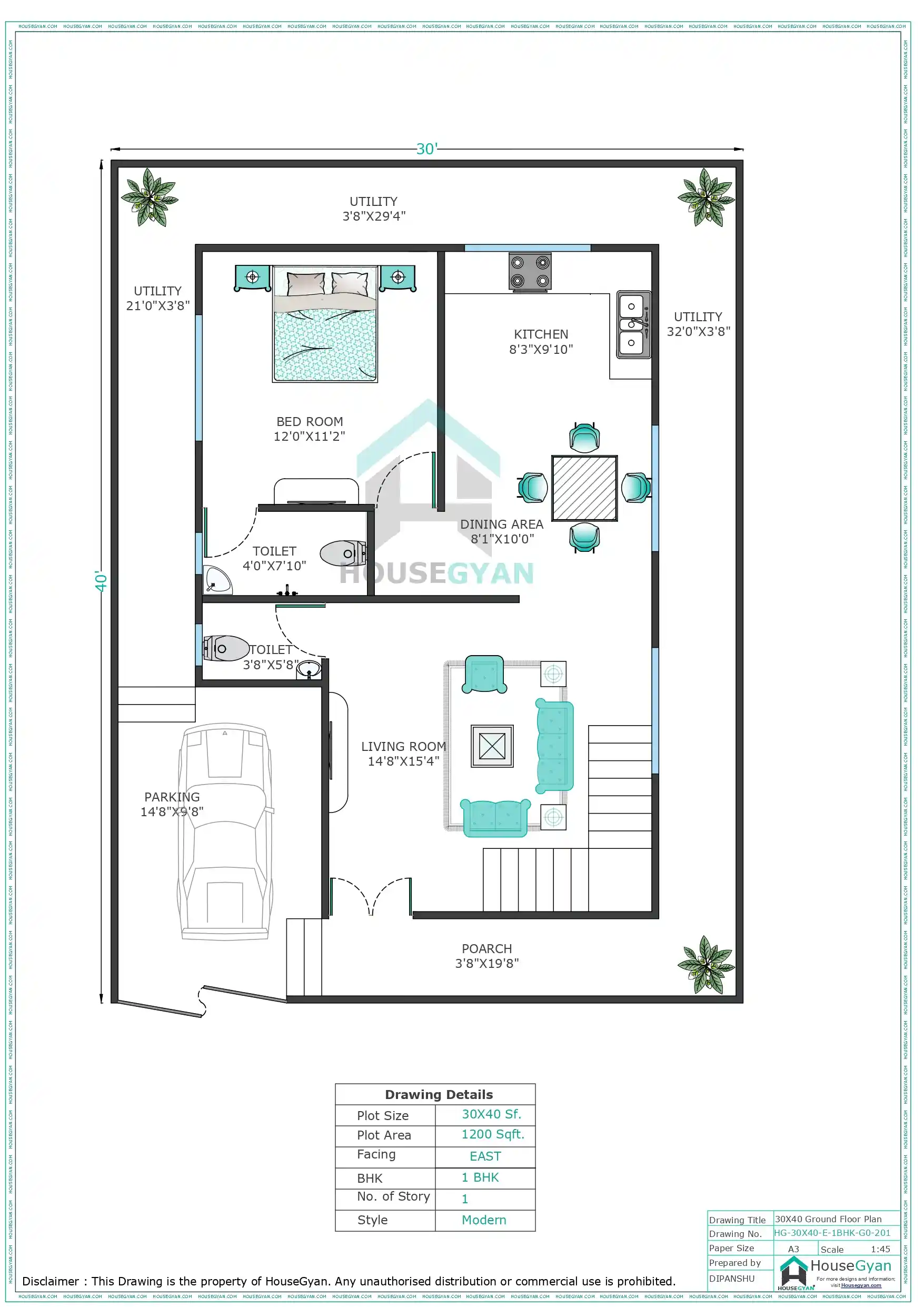 30X40 East Facing 1BHK Ground Floor House Plan | 1200 Sqft Plot Floor Plan