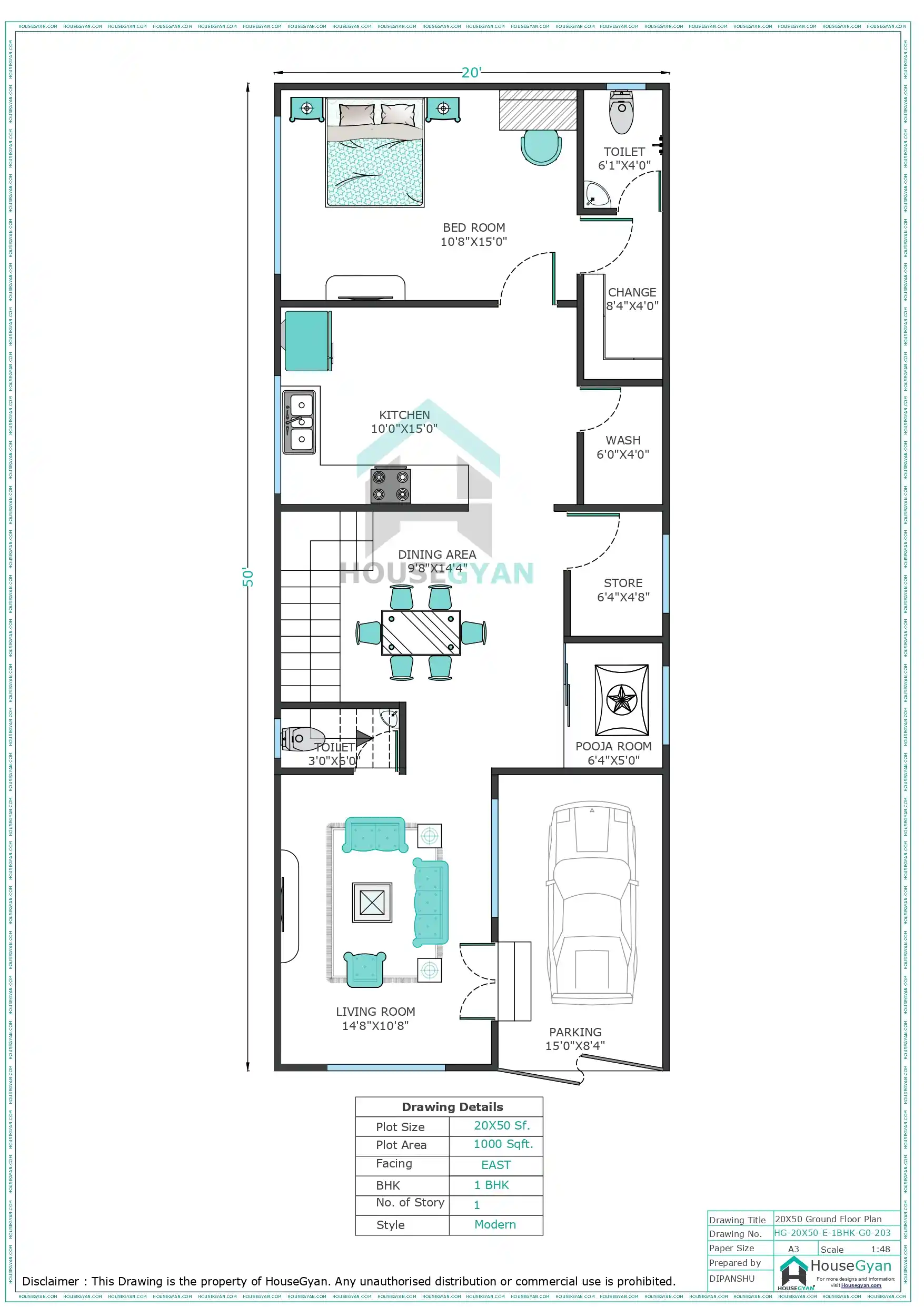 20X50 East Facing 1BHK Ground Floor House Plan | 1000 Sqft Plot Floor Plan