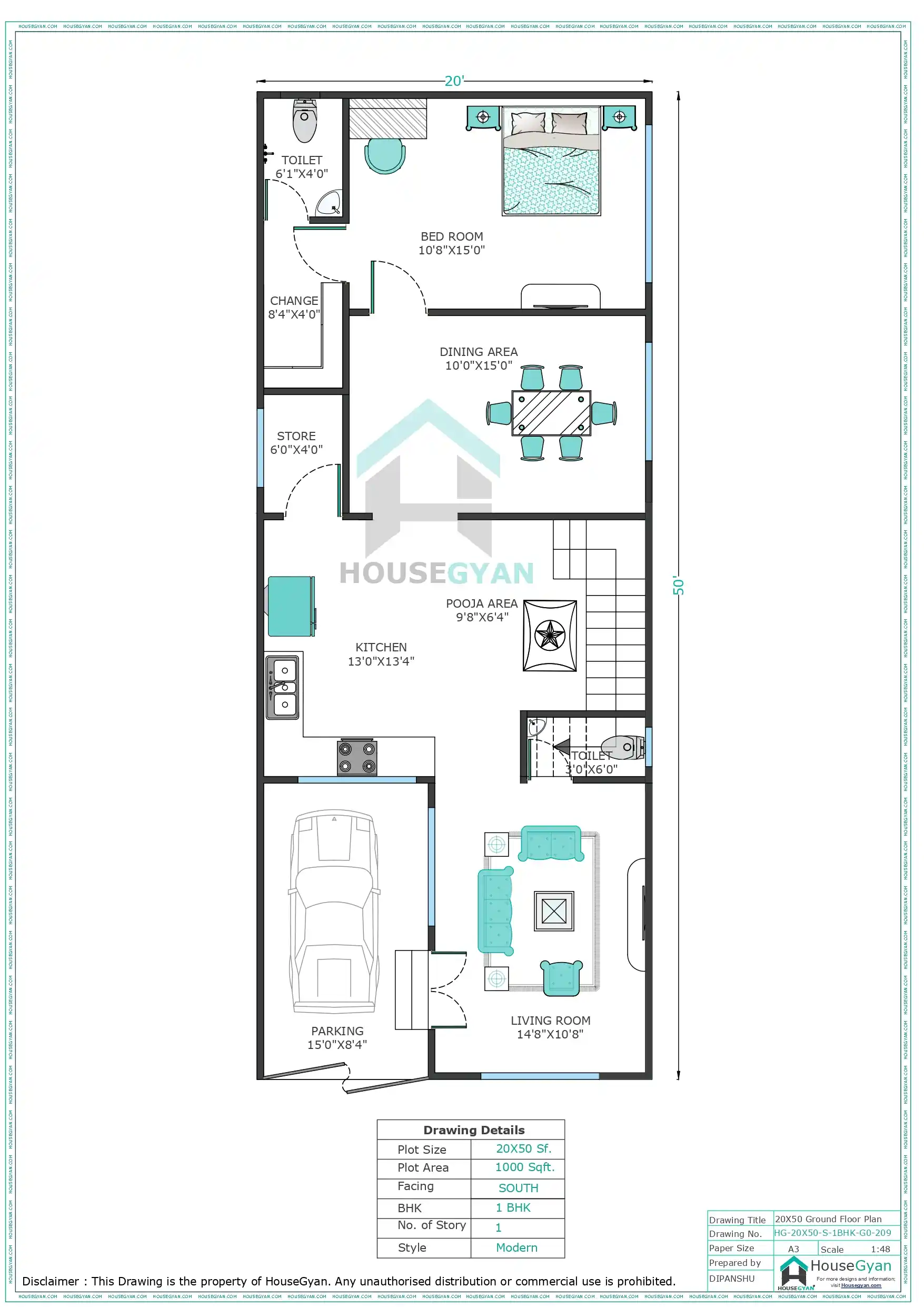 20X50 South Facing 1BHK Ground Floor House Plan | 1000 Sqft Plot Floor Plan