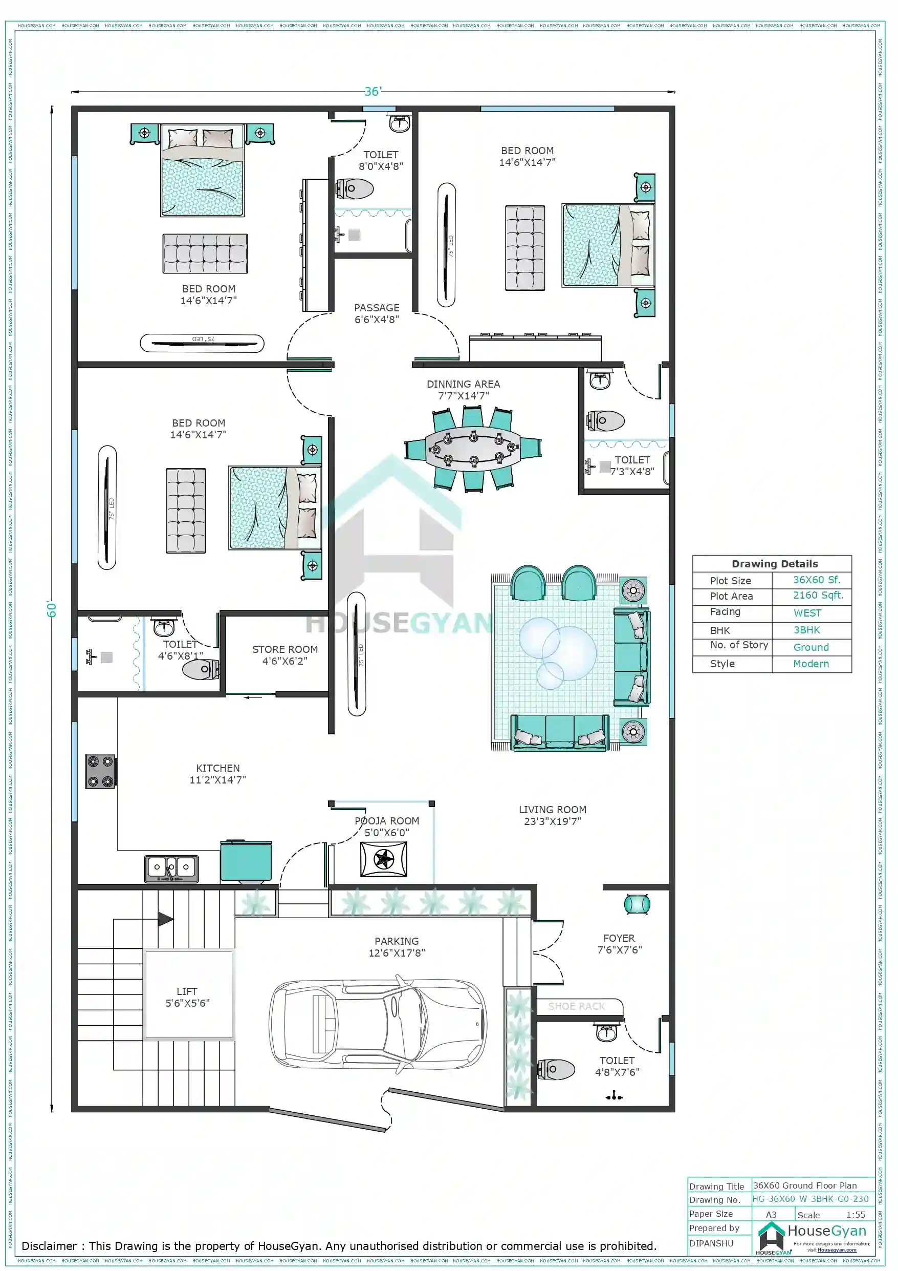 36X60 West Facing 3BHK Ground Floor House Plan | 2160 Sqft Plot Floor Plan