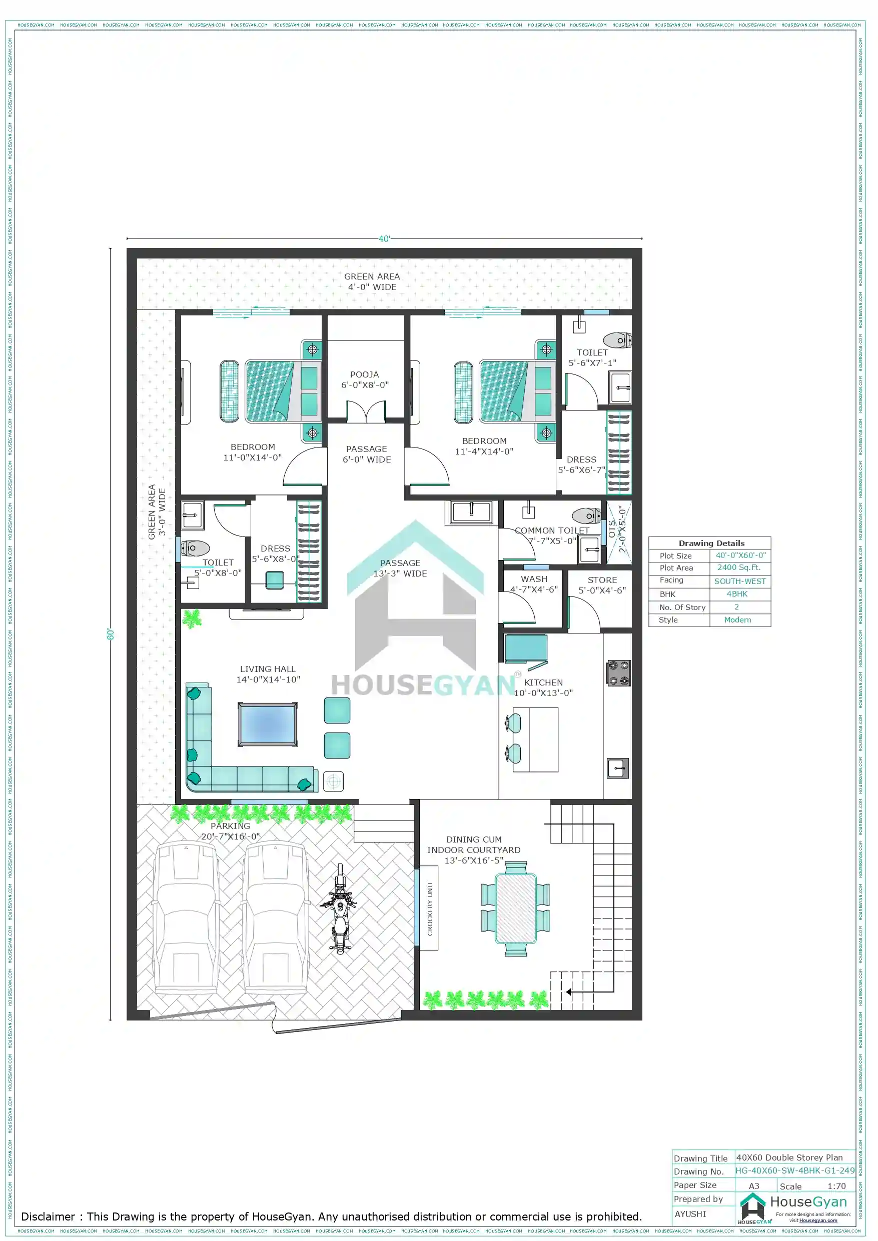 40X60 South West Facing 4BHK First Floor House Plan | 2400 Sqft Plot ...
