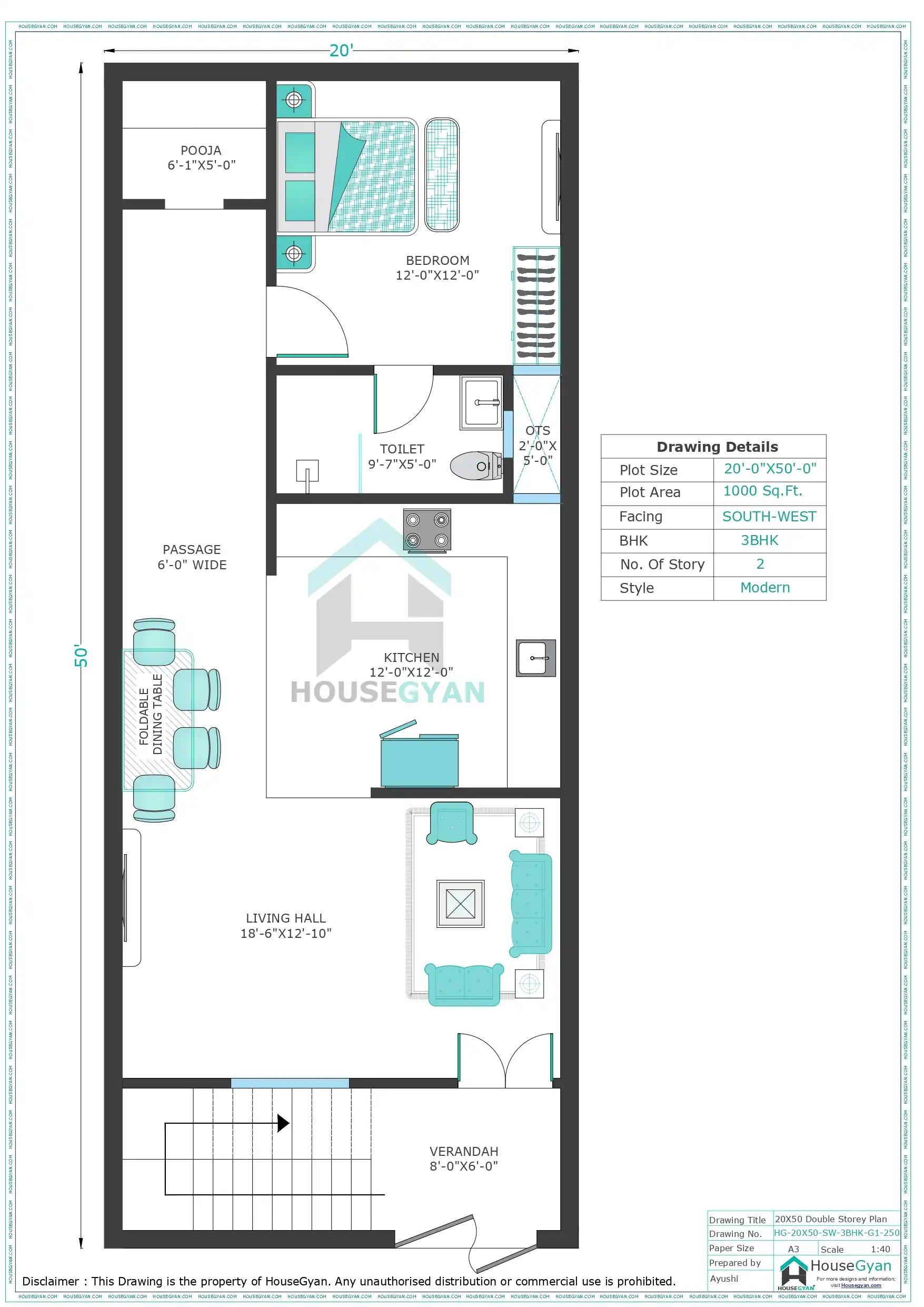 20X50 South West Facing 3BHK First Floor House Plan | 1000 Sqft Plot ...
