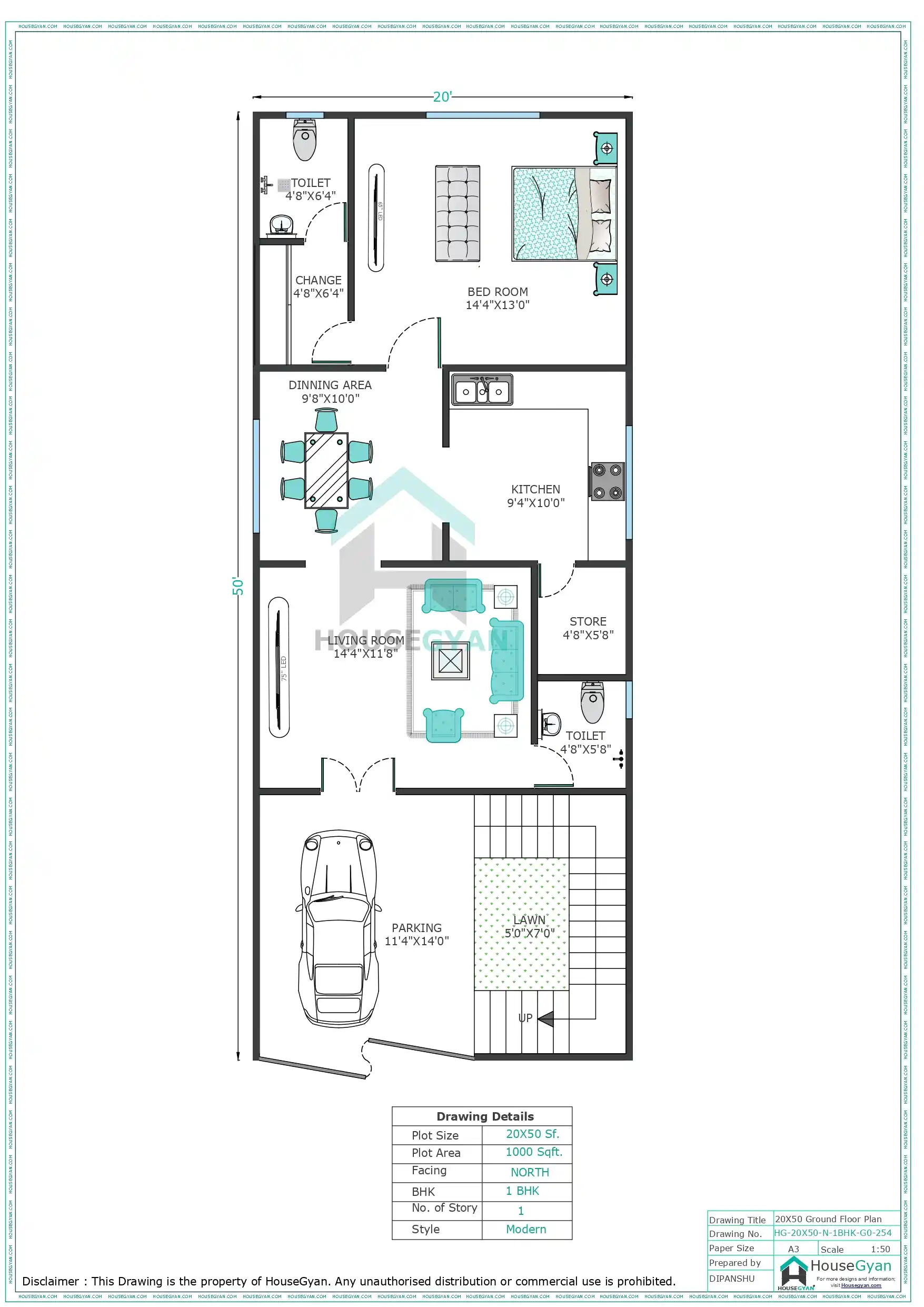 20X50 North Facing 1BHK Ground Floor House Plan | 1000 Sqft Plot Floor Plan