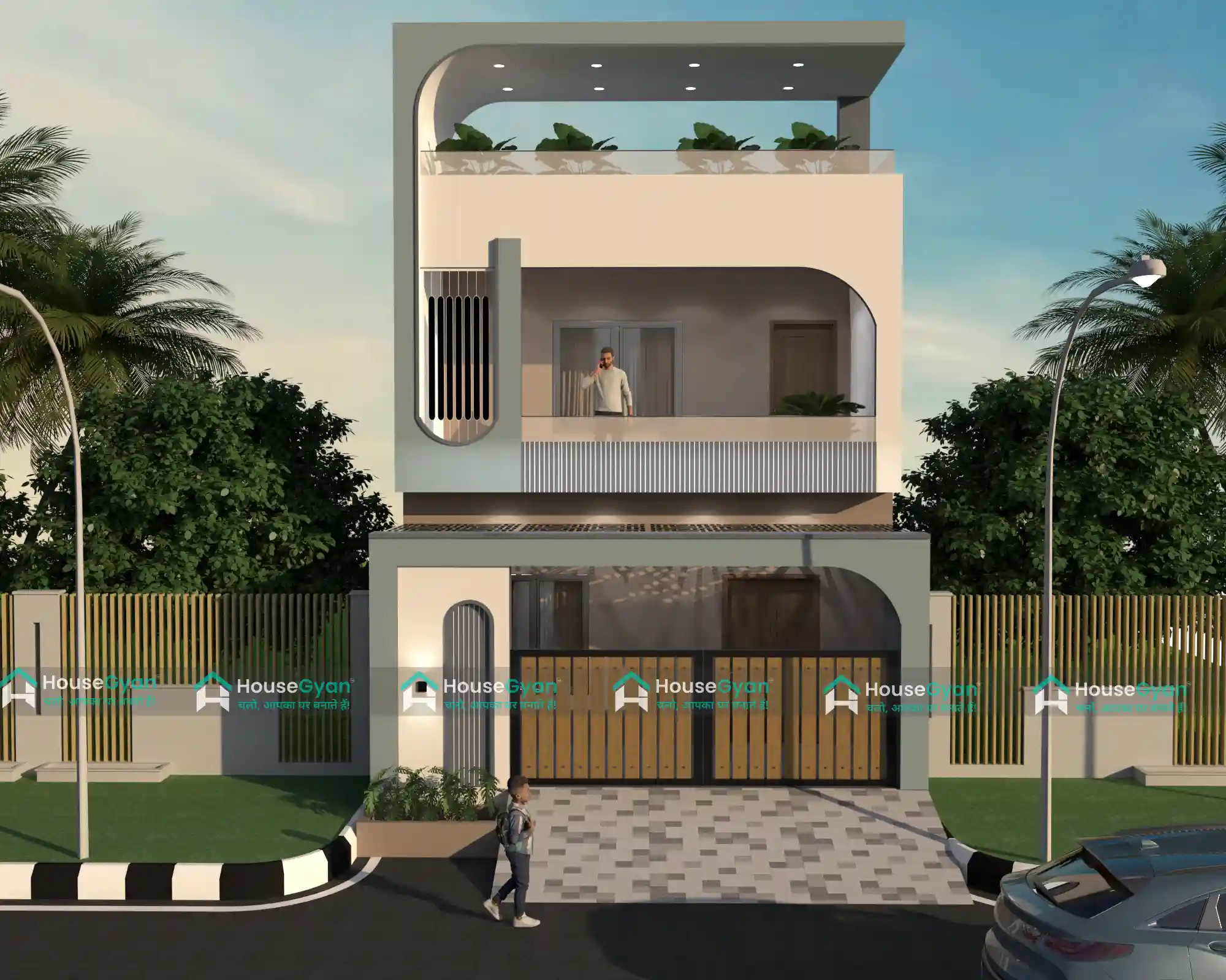 Modern G+1 House Front Elevation Design with Curved Balcony