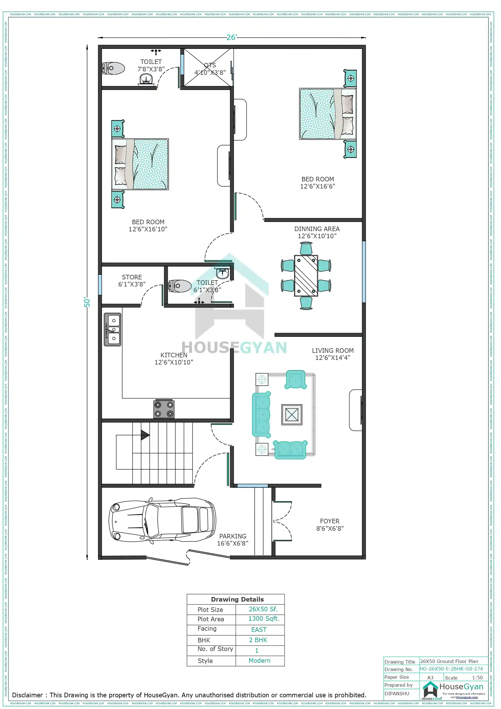26X50 East Facing 2BHK Ground Floor House Plan | 1300 Sqft Plot Floor Plan