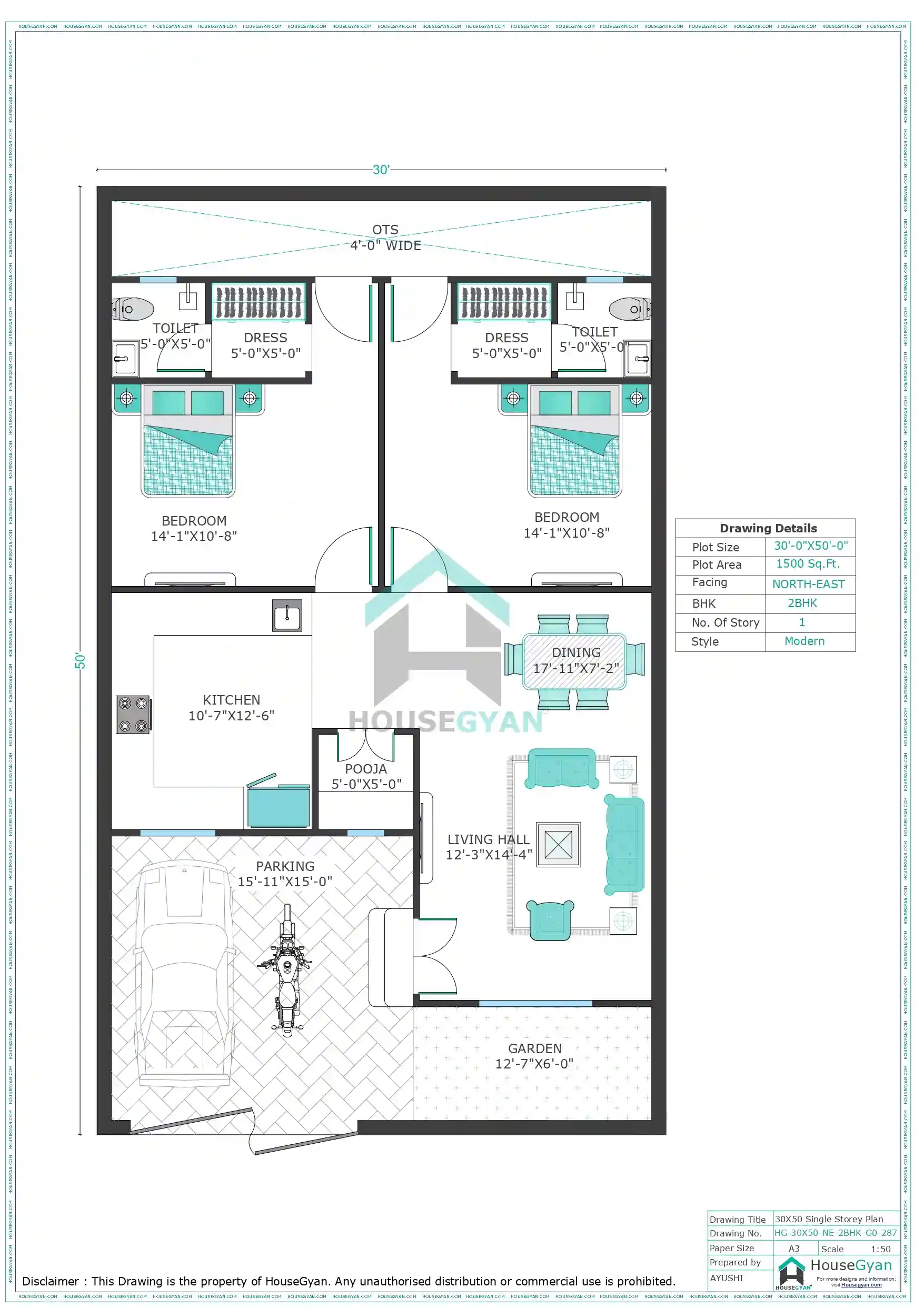 30X50 North East Facing 2BHK Ground Floor House Plan | 1500 Sqft Plot ...