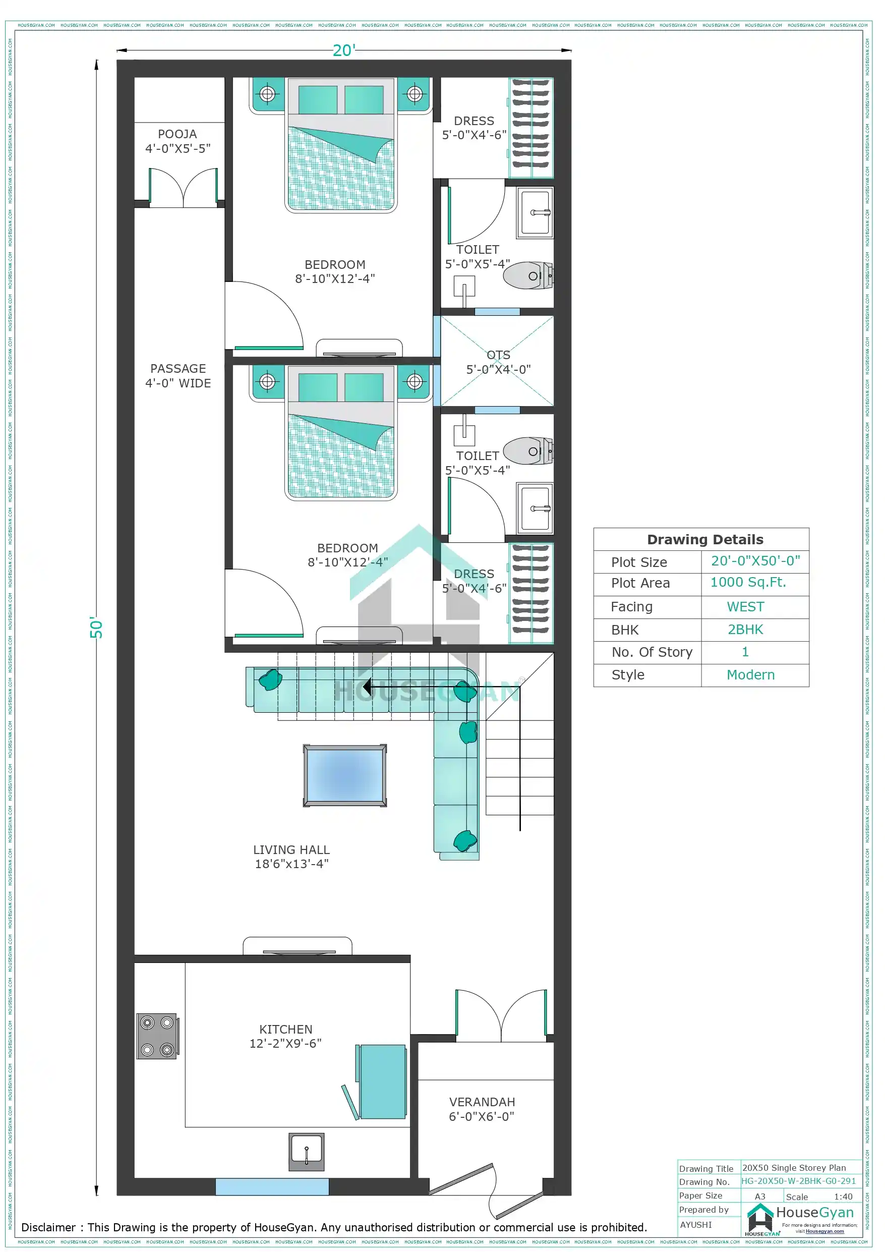 20X50 West Facing 2BHK Ground Floor House Plan | 1000 Sqft Plot Floor Plan